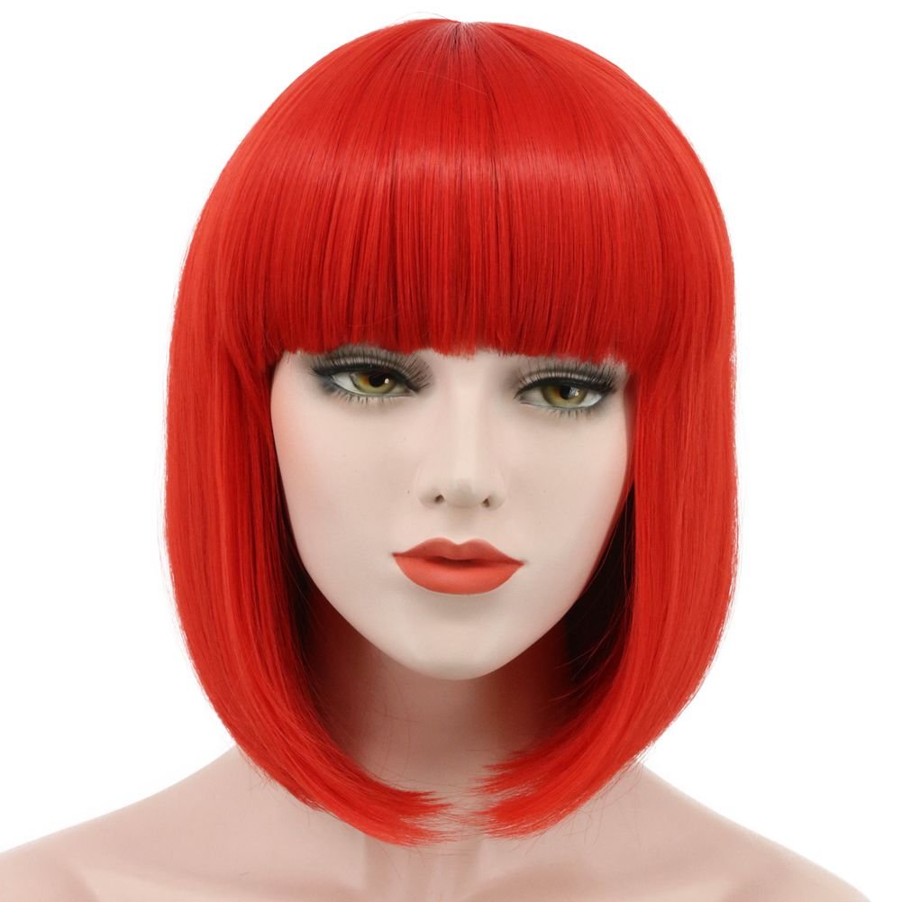 karlery Women Short Straight Bob Red Fasion Wig Flat Bangs Cosplay Party Wig