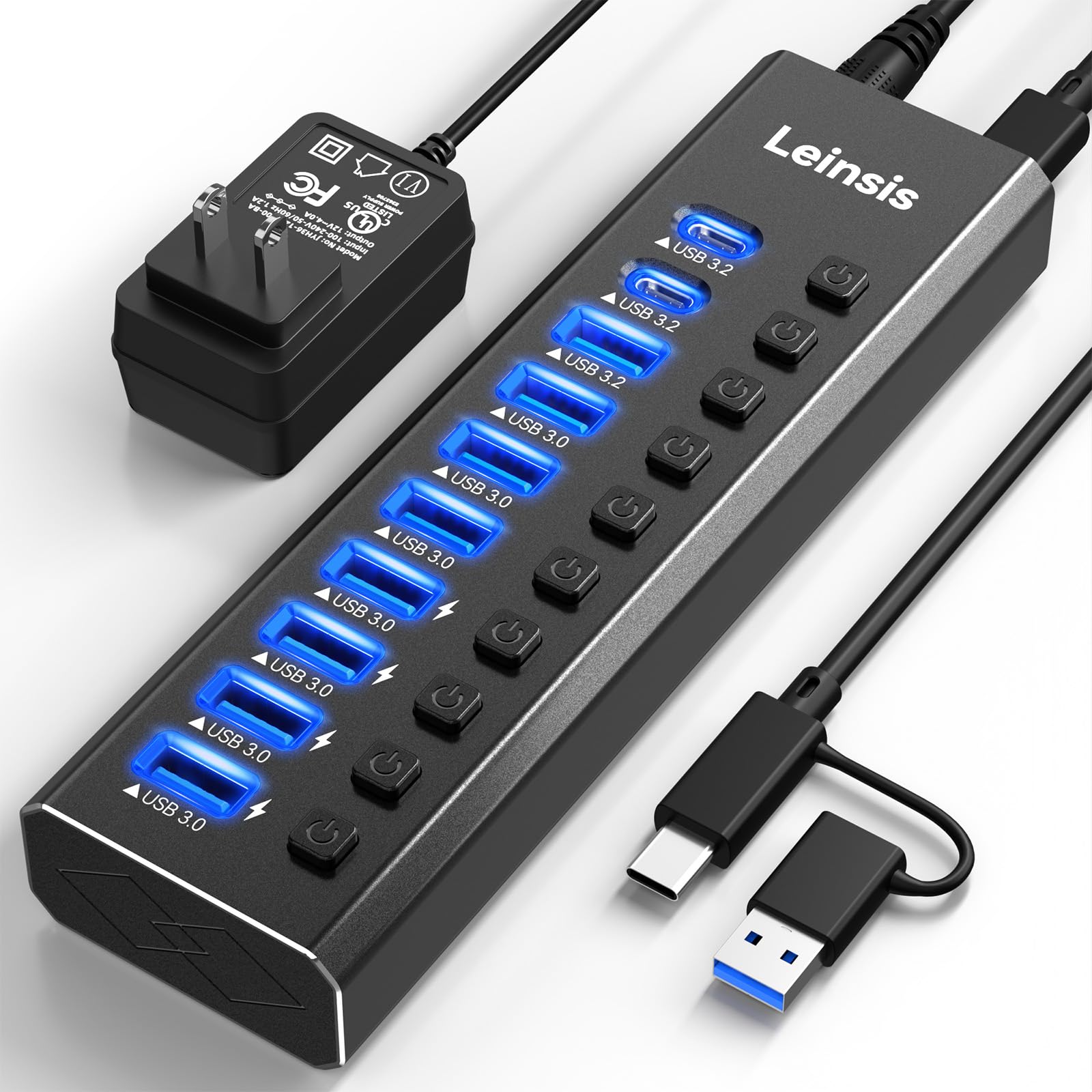 Powered USB Hub [Durable Aluminum] USB Hub 3.0 Powered, Individual Switch Buttons Smart Charging USB Port Expander Fit for External Hard Drive Electronics Gaming Laptop Desktop PC
