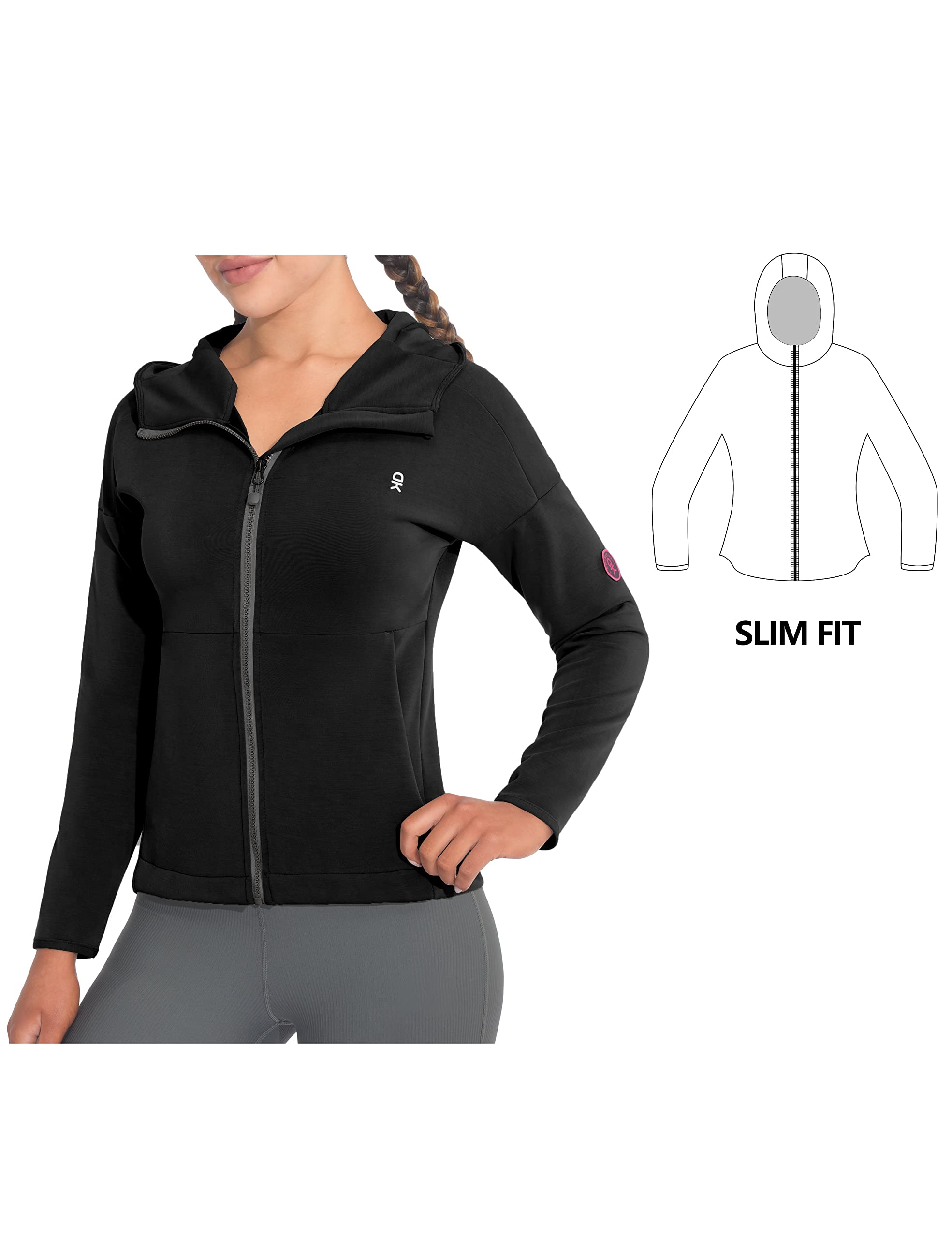 Little Donkey Andy Women's Lightweight Stretch Running Jacket, Full Zip Athletic Hooded Jackets, Moisture-Wicking (Black M)
