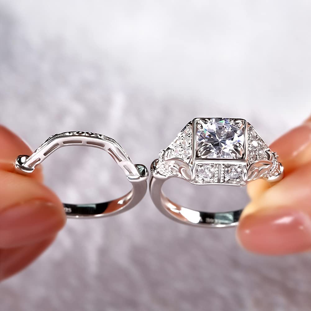 Jeulia Vintage Milgrain Round Cut Sterling Silver Ring Set Wedding Engagement Anniversary Promise Ring Bridal Sets for Women With Jewelry Box (Silver, 7)