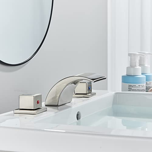 Oulantron Waterfall Widespread Bathroom Sink Faucet Bathroom Basin Sink Faucet LED with Changing 2 Handle 3 Hole Brushed Nickel Cold and Hot Water Mixer Vanity Bathroom Faucet