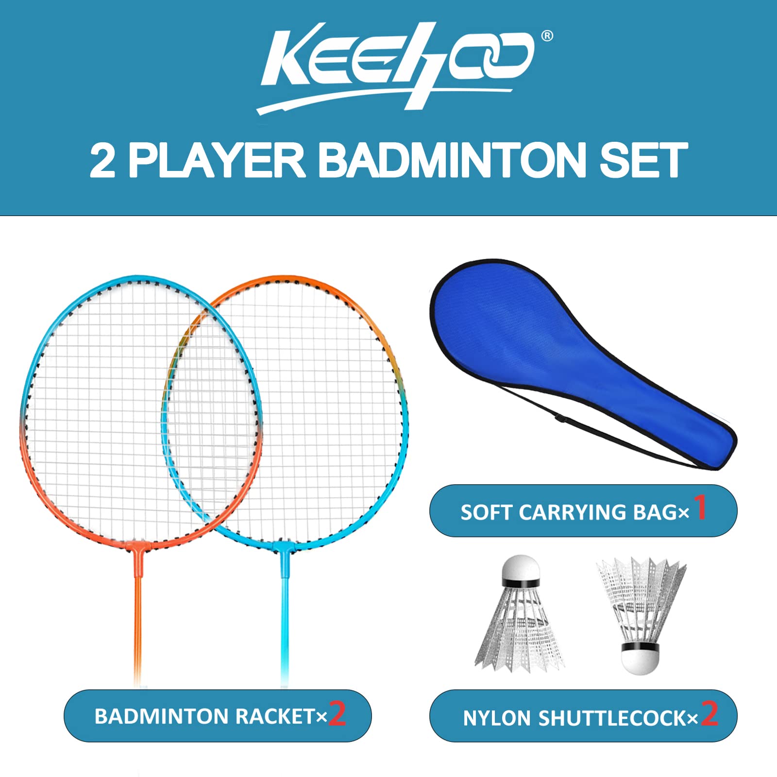 Keehoo 2 Player Badminton Rackets Set for Adults Kids, Lightweight Sturdy, Backyard Game-Double Racquets, 2 Shuttlecocks and Carry Bag Included