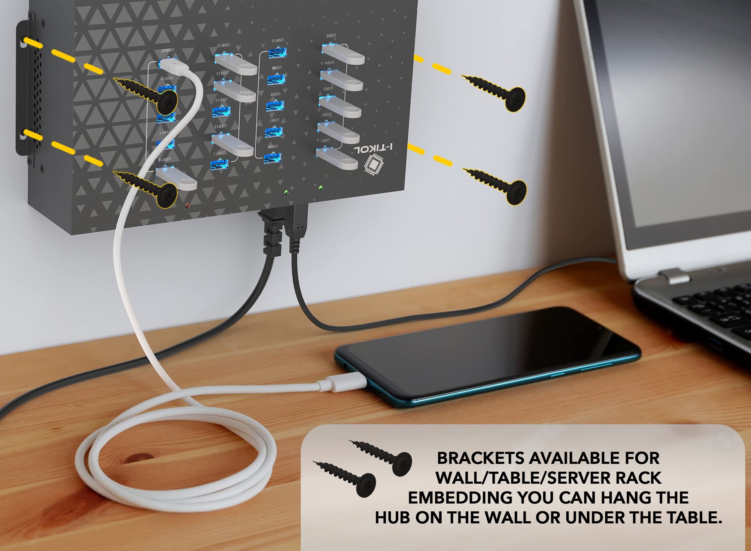 Powered USB Hub β 20 Port USB 3.0 Hub - 5Gbps Sync & High-Speed Data Transfer Multiple USB Splitter with Built-in 5V 40A Power Adapter - Fan & Mounting Brackets for Phone MB Laptop Tablet PC - 110V