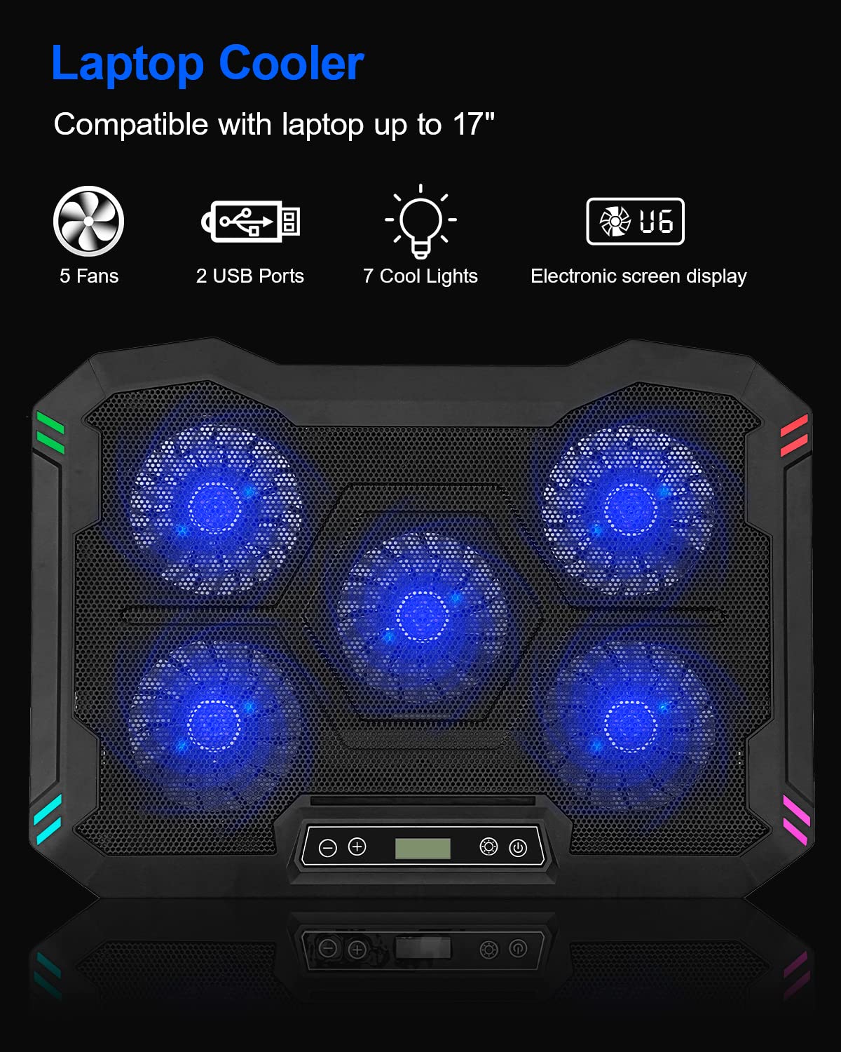 Laptop Cooling Pad with 5 Cooling Fans, Laptop Fan Cooling Pad for 14-17 Inch, Gaming Laptop Cooler Stand with 6 Height Adjustable, Notebook Cooler Pad with Two USB Port [2022 Version]