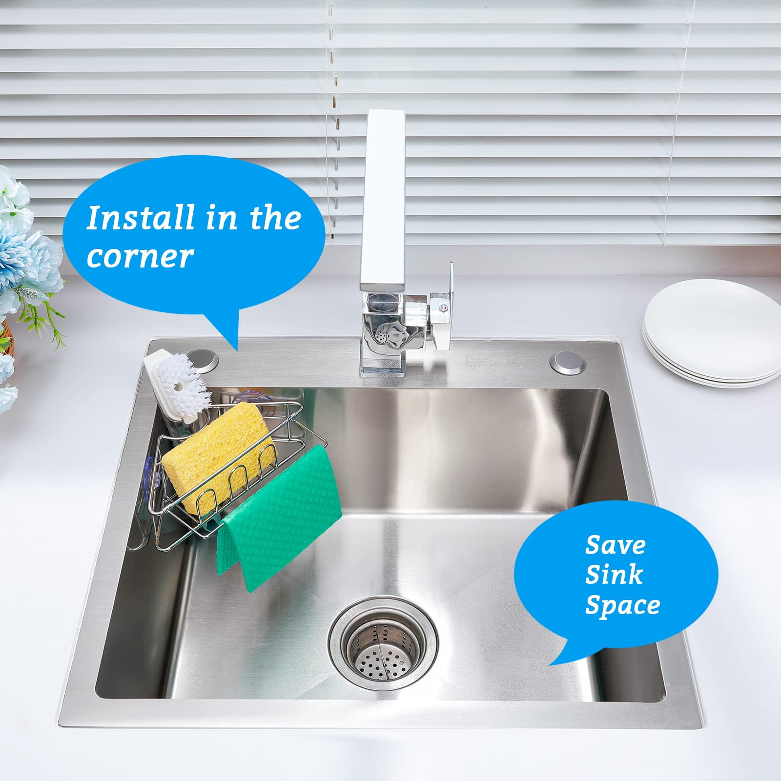 MAISEEN Kitchen Sink Caddy Sponge Holder, Space Saving Kitchen Sink Organizer + Sink Brush Holder + Dish Rag Holder, 304 Stainless Steel, Multi-Purpose 6 In 1 Kitchen Sink Accessories. Silver