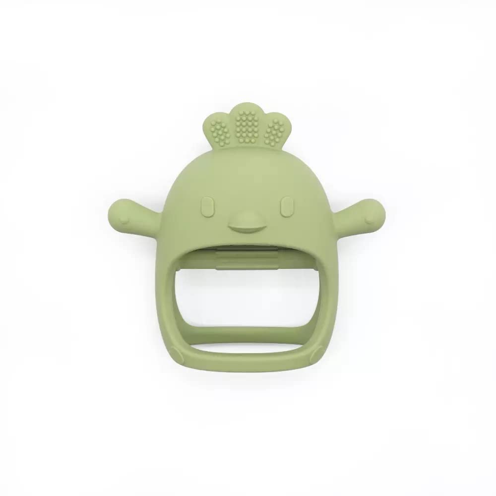 MOMMYS BABY Silicone Baby Teether Set, Infants Chew Mitten, Pain Relief for Sore Gums, Soothing 2 in 1| Olive Green Chick, Dusty Blue Triceratops | Anti-Drop with Handle for Easy Grip