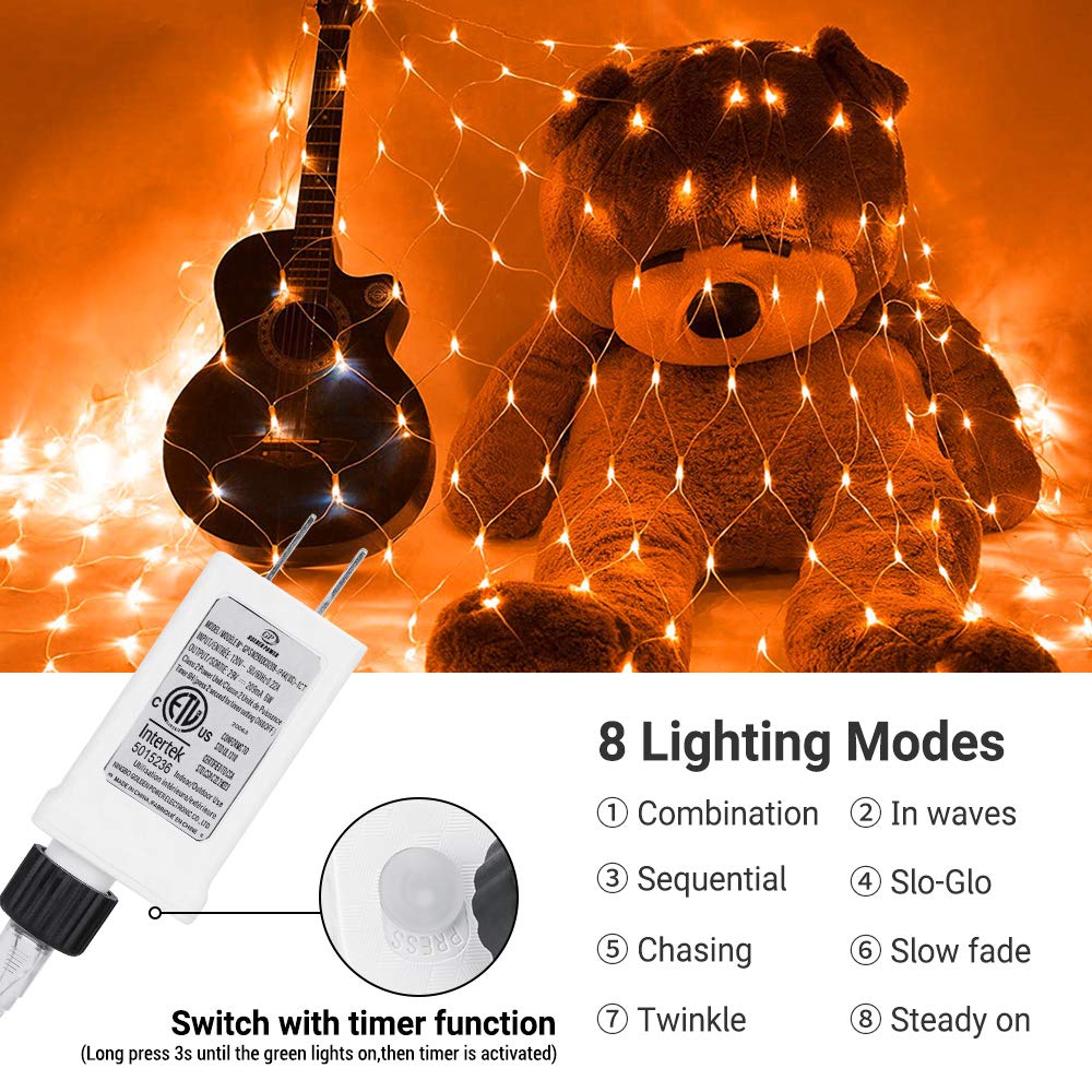 Joomer 12ft x 5ft 360LED Orange Halloween Net Lights Outdoor Mesh lights, 8 Modes Timer Connectable Waterproof Bush Lights Mesh Netting Lights for Halloween Outdoor Decorations (Clear Wire)