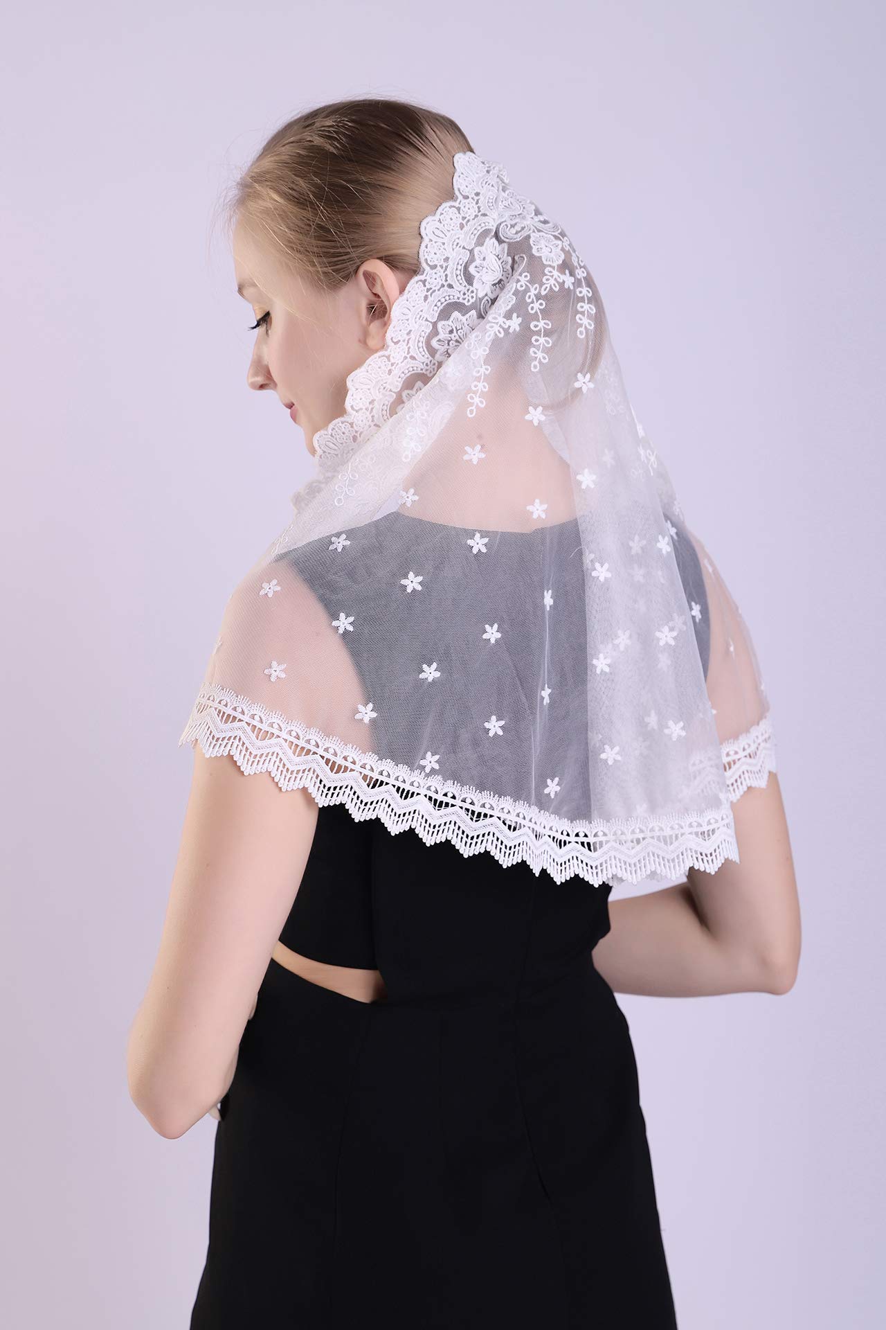 Grettytling Chapel Veil Embroidered Lace Mantilla Veil Head Covering Veils for Church,White