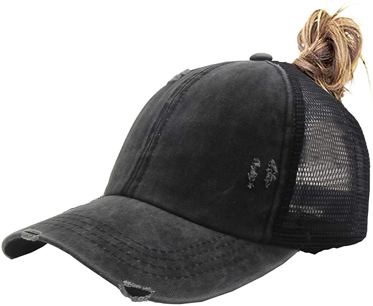 KKMKSHHG Criss Cross Baseball Caps, Women Ponytail Mesh Hat Distressed High Messy Bun Trucker Ponycap Pink