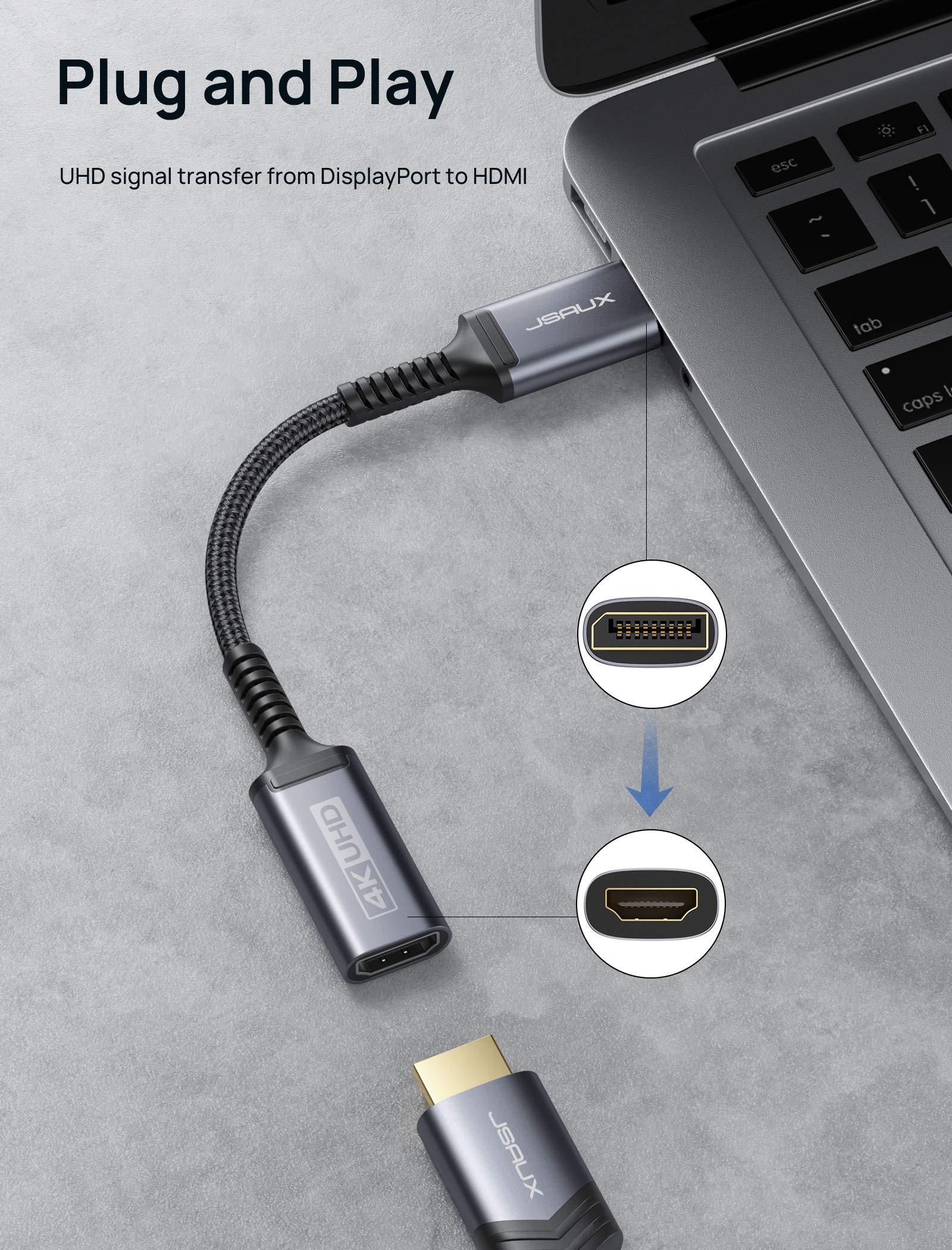 JSAUX 4K DisplayPort to HDMI Adapter, Display Port to HDMI Adapter Cable (4K@30Hz) Uni-Directional UHD High-Speed DP to HDMI Adapter for HP, Dell, GPU, AMD, NVIDIA and More