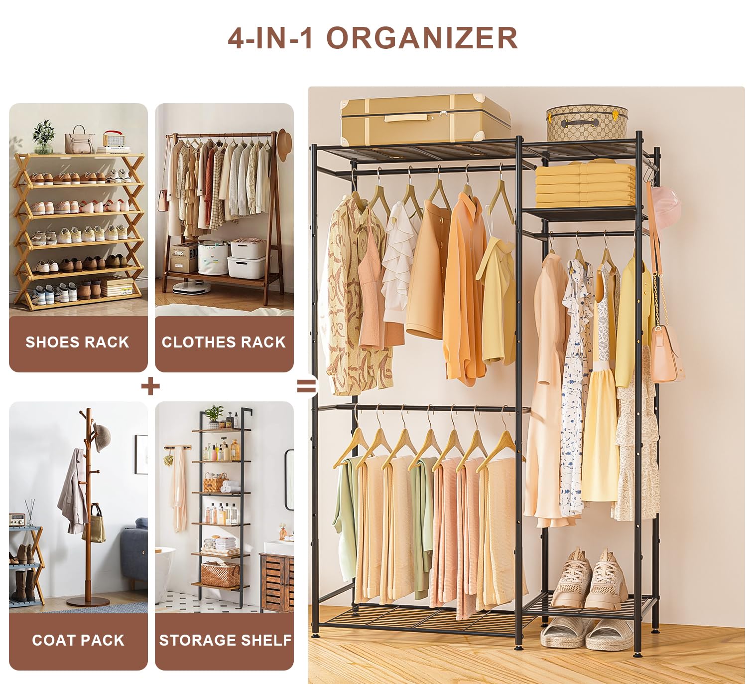 Portable Closets for Hanging Clothes, Freestanding Clothing Rack with 3 Hang Rods & 5 Shelves, Metal Wardrobe Garment Rack for Bedrooms Entrances