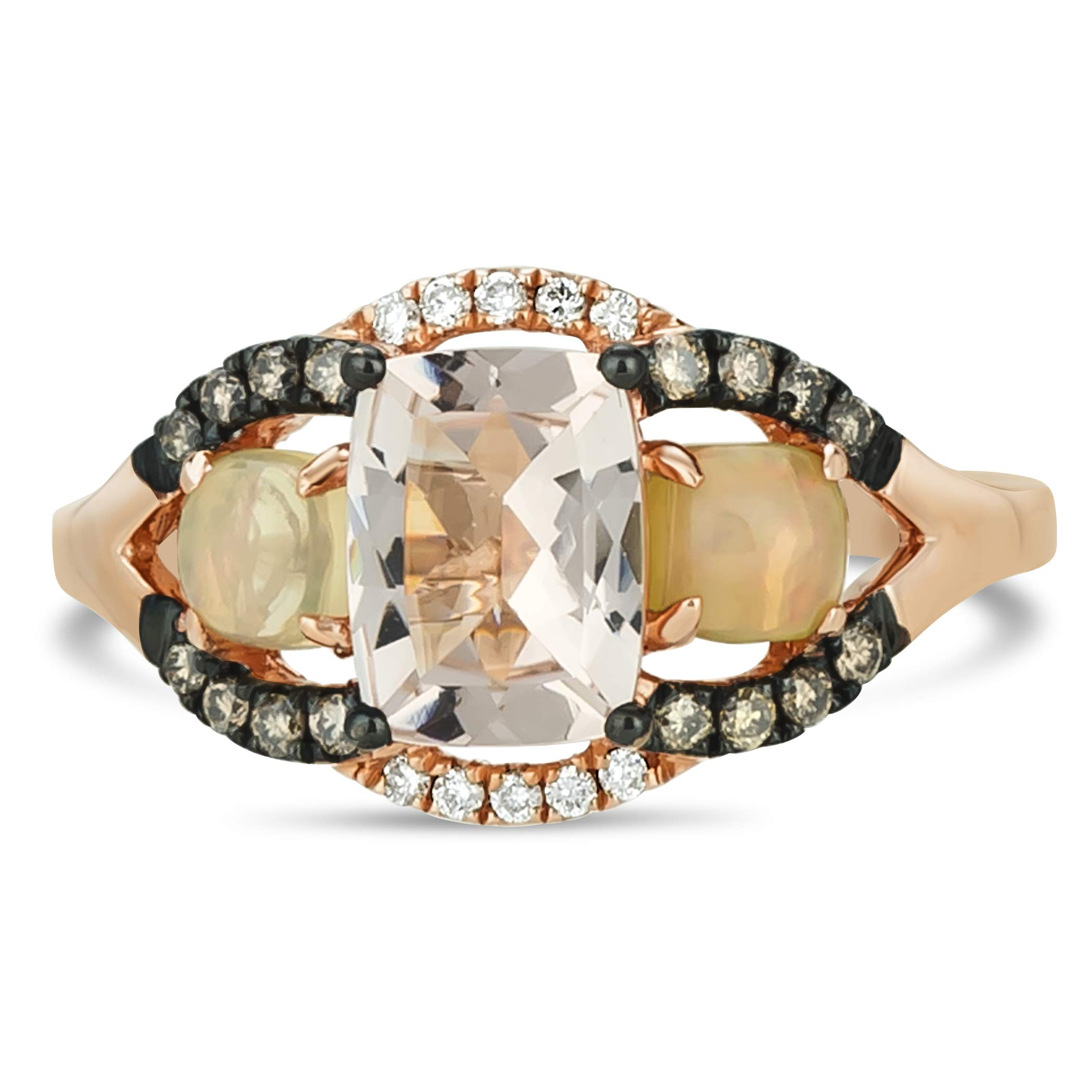 LE VIAN 1/6 Carat Diamond, Morganite and Opal Split Shank Ring for Women in 14k Rose Gold (Fancy Brown/G-H, VS2-SI2, cttw) Triple Stone Promise Anniversary Ring Size 7