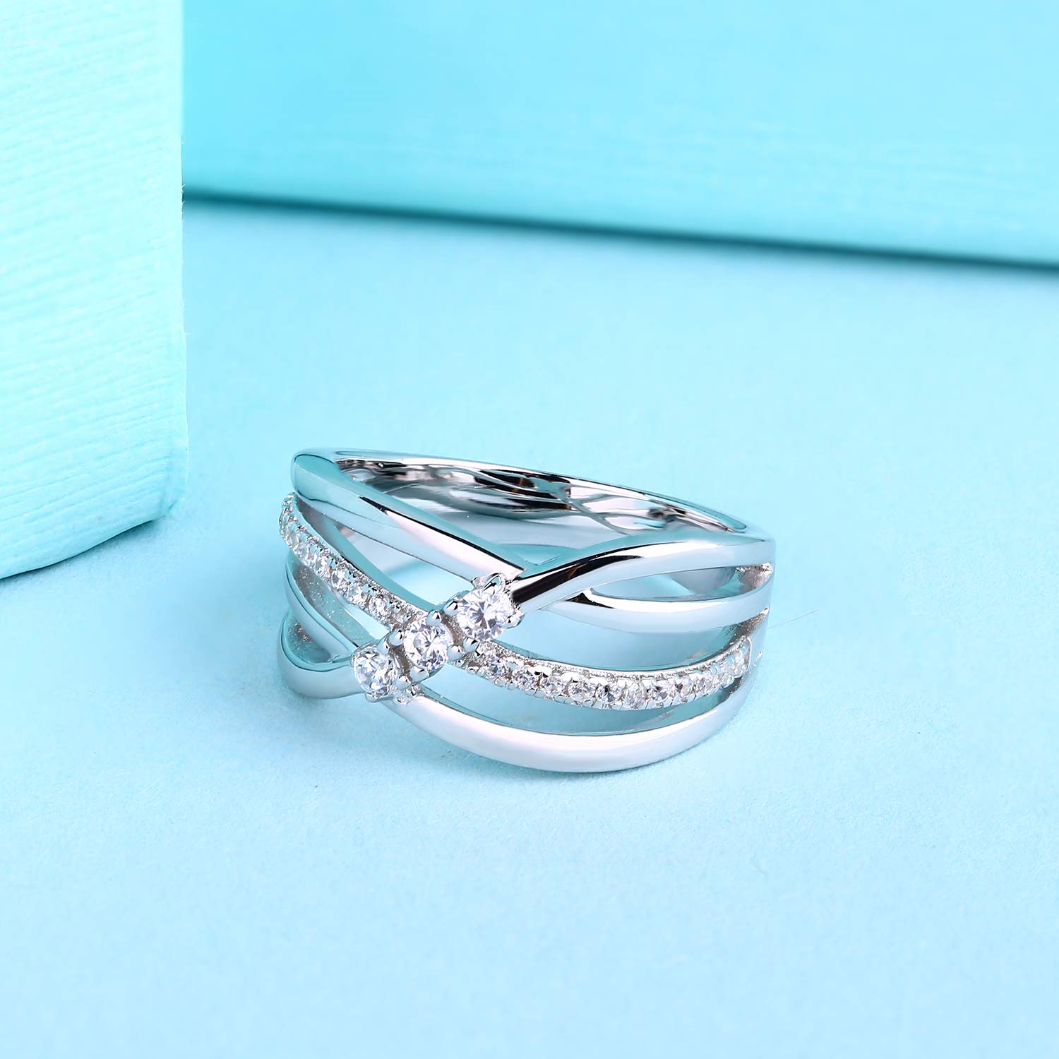 JO WISDOM 925 Sterling Silver Intercrossed Engagement Ring with AAA Cubic Zirconia Size 7