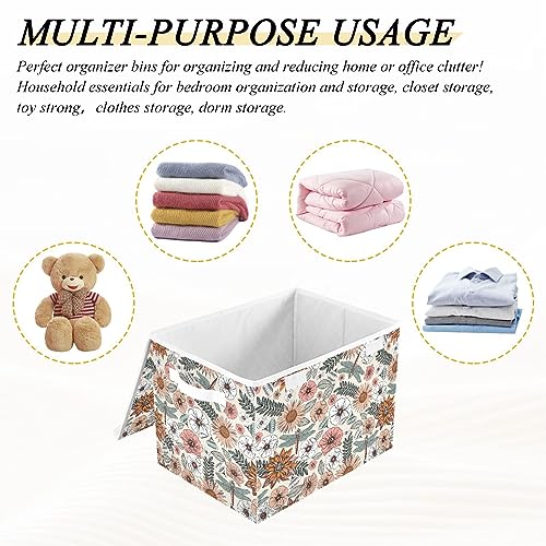 Krafig Foldable Storage Box Large Cube Organizer Bins Boho Flowers Containers Baskets with Lids Handles for Closet Organization, Shelves, Clothes, Toys
