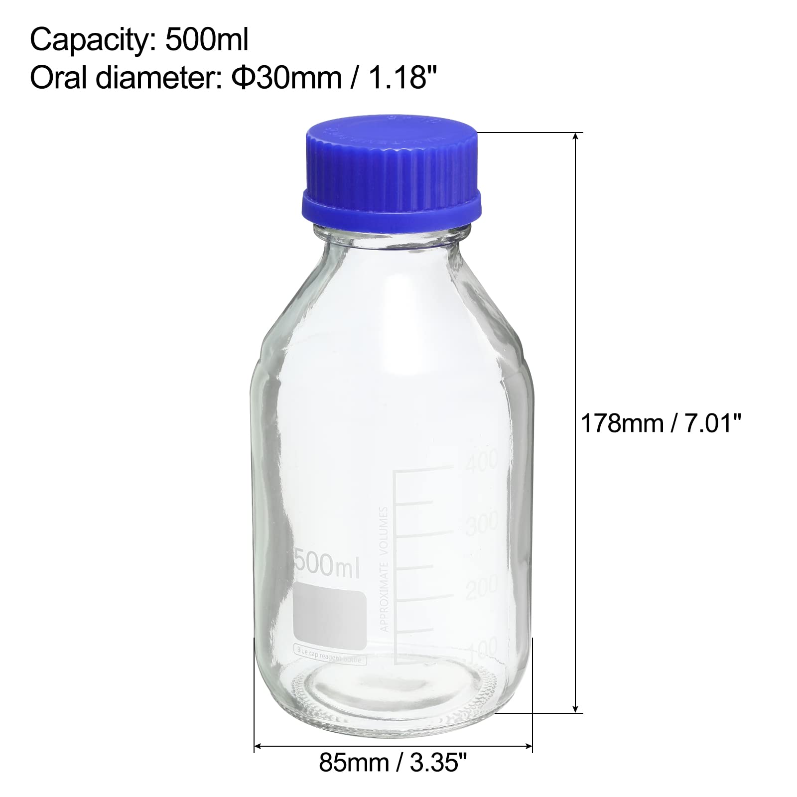 PATIKIL 500mL Reagent Media Bottle, 2Pcs Round Graduated Glass Storage Bottle Blue Screw Cap for Chemistry Lab Universities Home, Clear