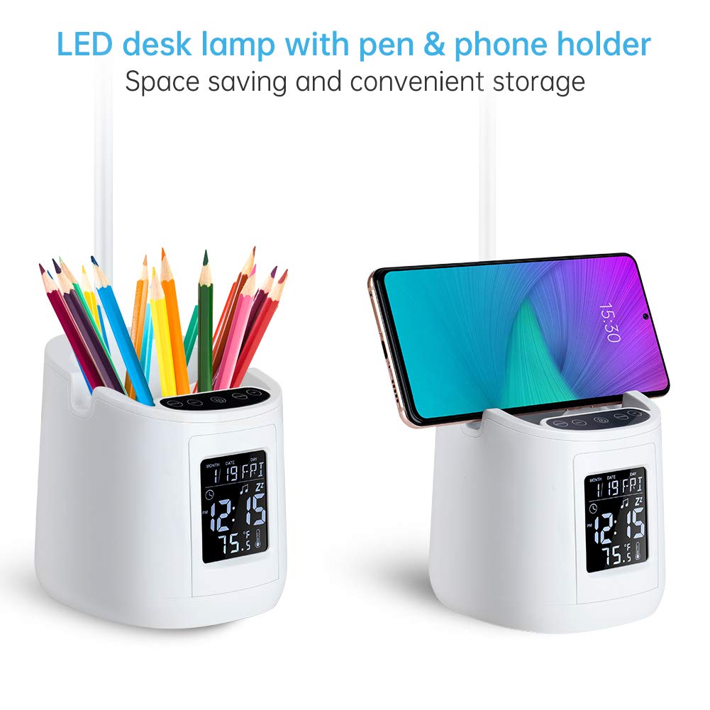 KKUYI LED Desk Lamp with Pencil Holder, Kids Desk Lamp with Clock, 3 Brightness Boys Lamp with Organizer Dimmable Table Lamp for Teens, Rechargeable Study Lamp for Home and Office