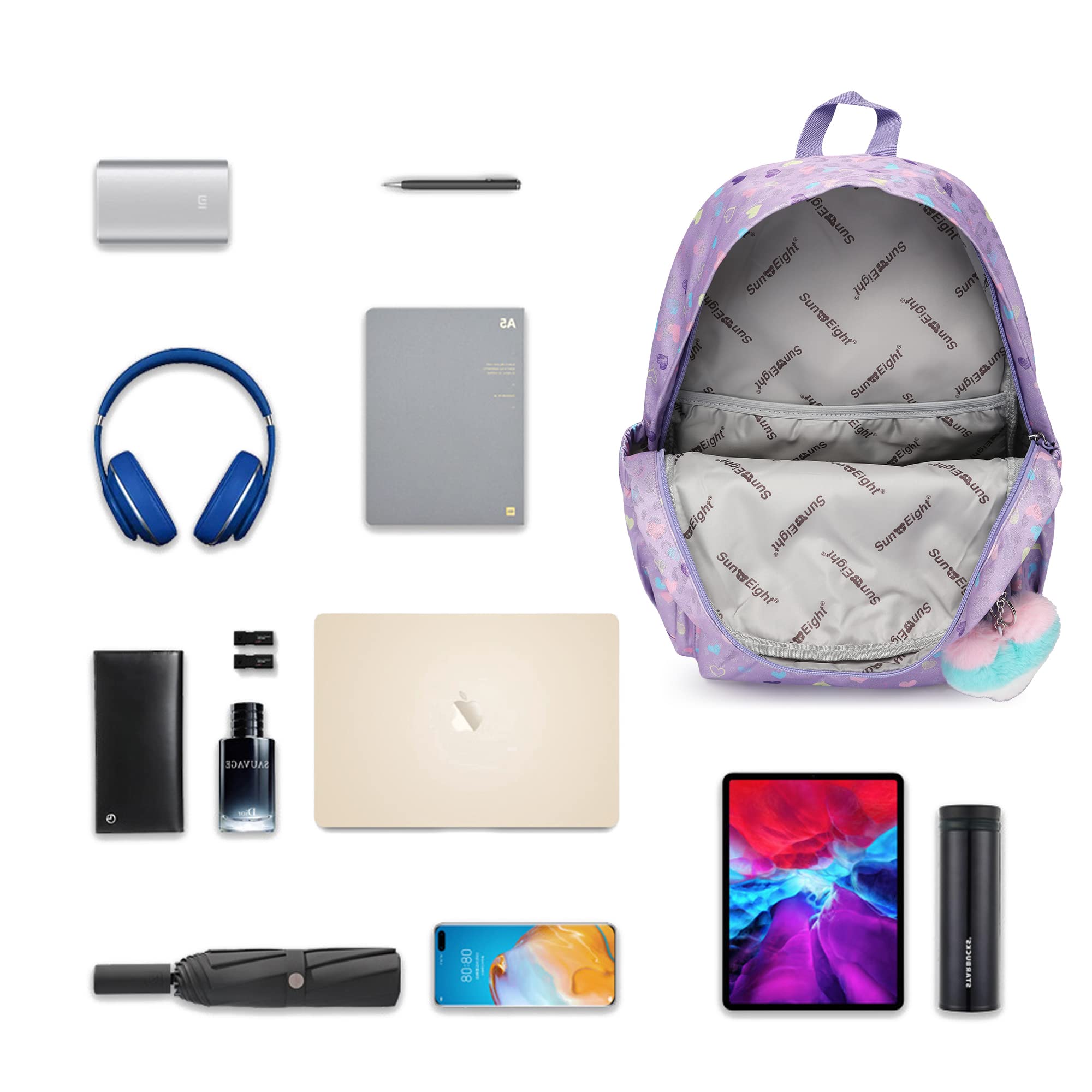 Kids Backpack Girls Light Purple Waterproof Large Space School Backpack Suitable for Age for Over 6 years old Lightweight Travel Cat Ear Heart Keychain Children Backpack(Light Purple Peach Heart)