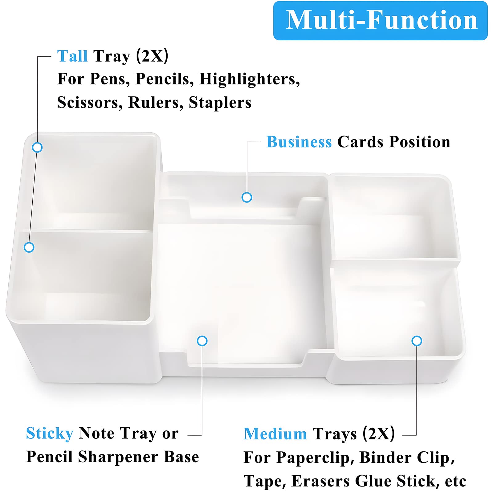 JUPELI Desk Organizer, Desktop Organizer with Pencil Holders, Sticky Note Tray, Paperclip Storage and Office Accessories Caddy, Office Stationery Supplies Organizers, 6 Compartments, White