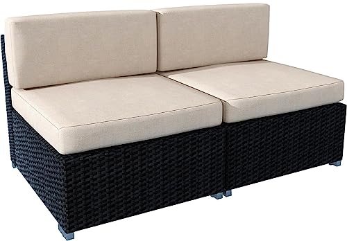 yoyomax Loveseat, 2PCS, All-Weather Outdoor Corner Sofa, Modular Wicker Patio Furniture Conversation Set for Balcony,Deck,Garden and Poolside-Beige
