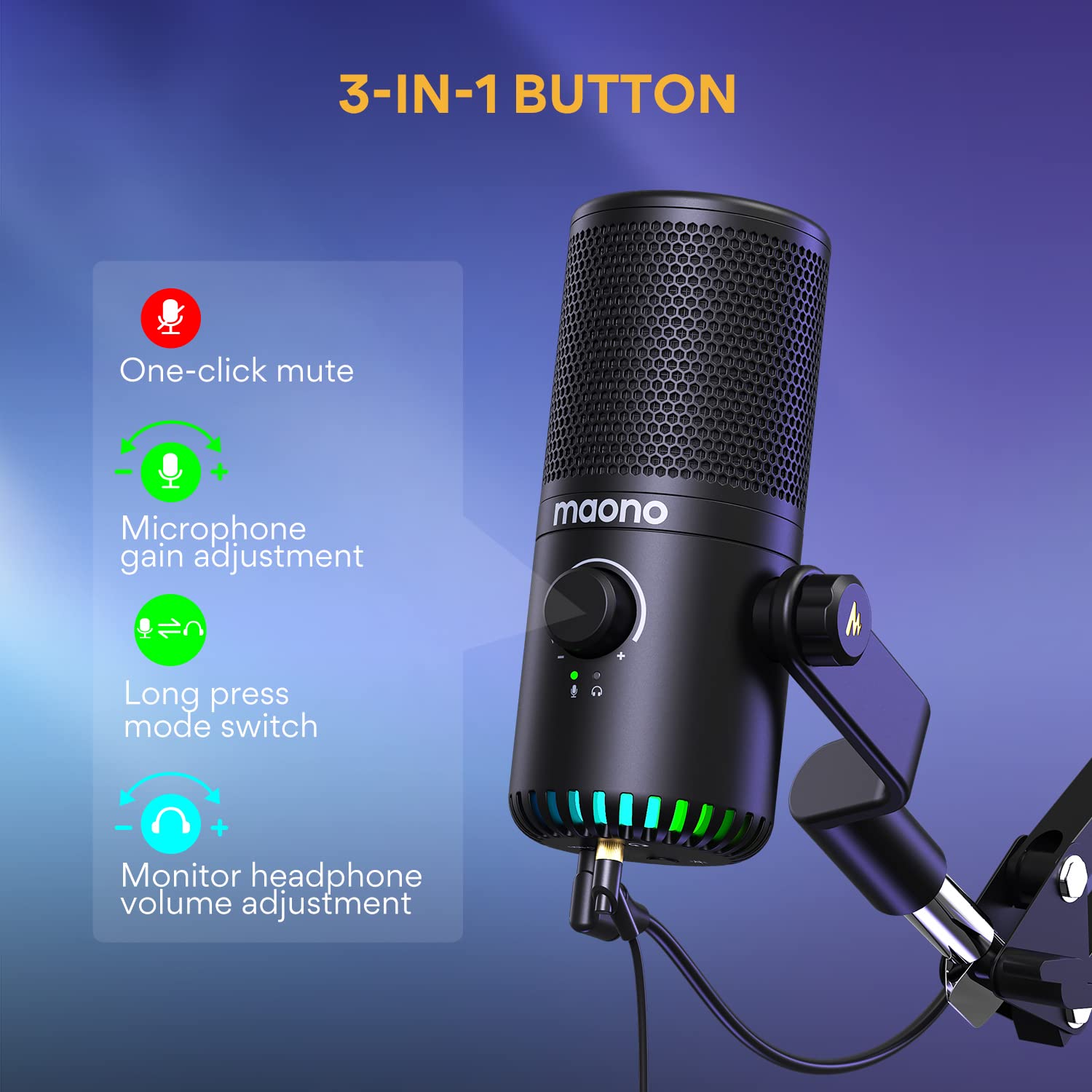 MAONO Gaming Microphone for PC, USB Programmable Condenser Cardioid Metal Mic for Streaming, Podcast, Recording, Twitch, YouTube, Discord, Computer, Mac