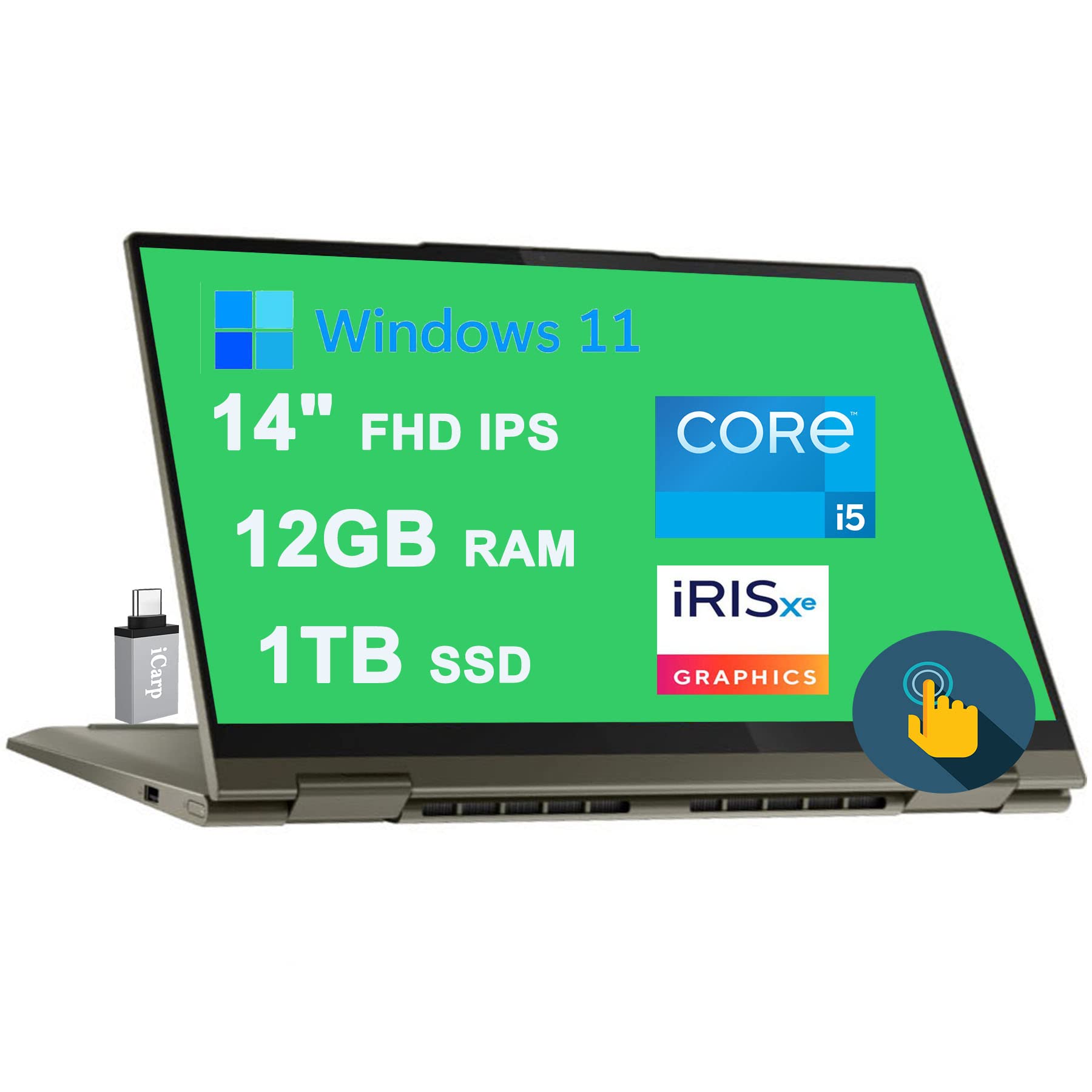 Lenovo Yoga 7i 14 2-in-1 Laptop 14" FHD IPS Touchscreen (300 nits) 11th Gen Intel 4-Core i5-1135G7 12GB RAM 1TB SSD Backlit Fingerprint Thunderbolt USB4 Dolby Win11 + USB-C Adapter