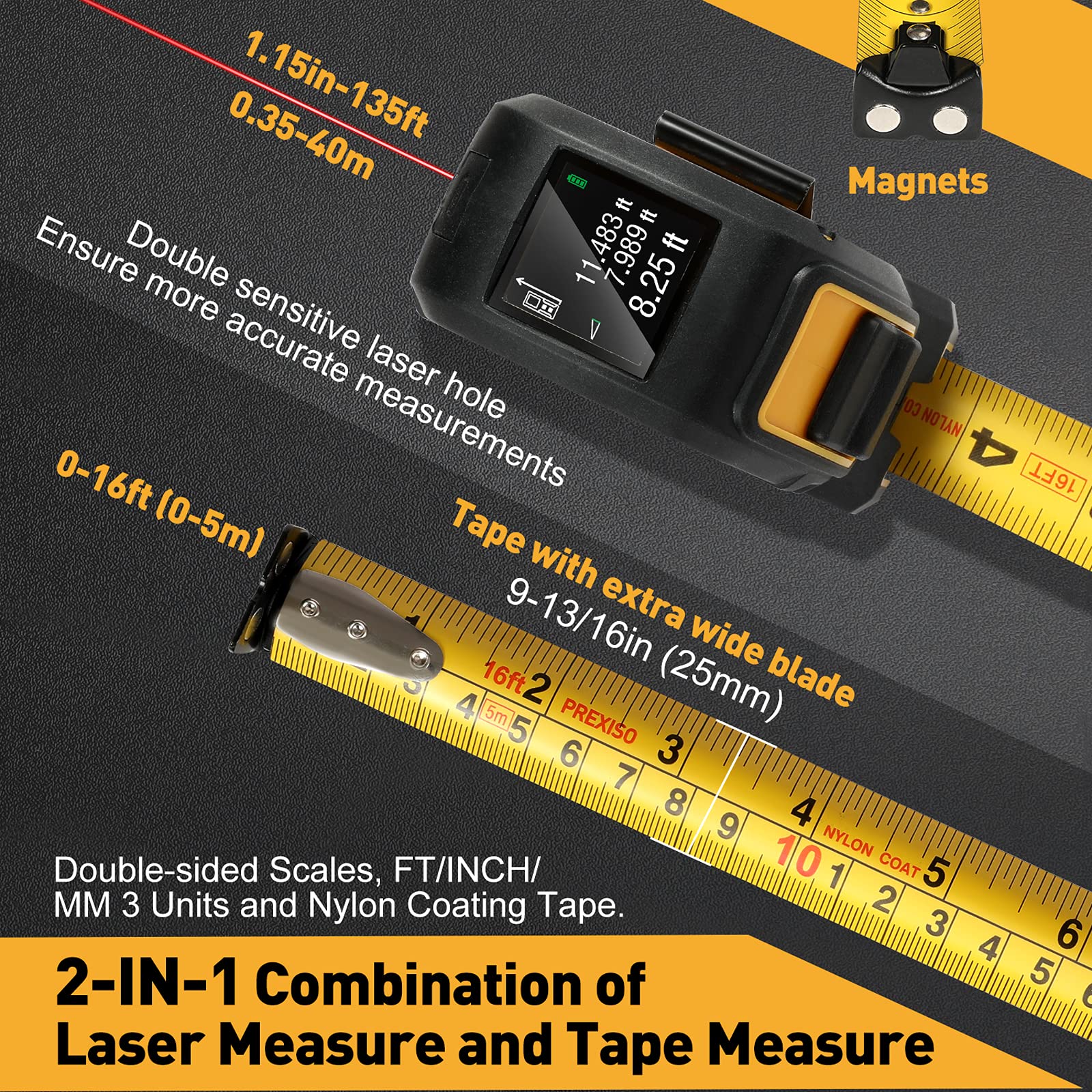 PREXISO 2-in-1 Laser Level Spirit Level with LED Lights, 100Ft Point + 30Ft Line & PREXISO 2-in-1 Digital Laser Tape Measure, 135Ft Rechargeable