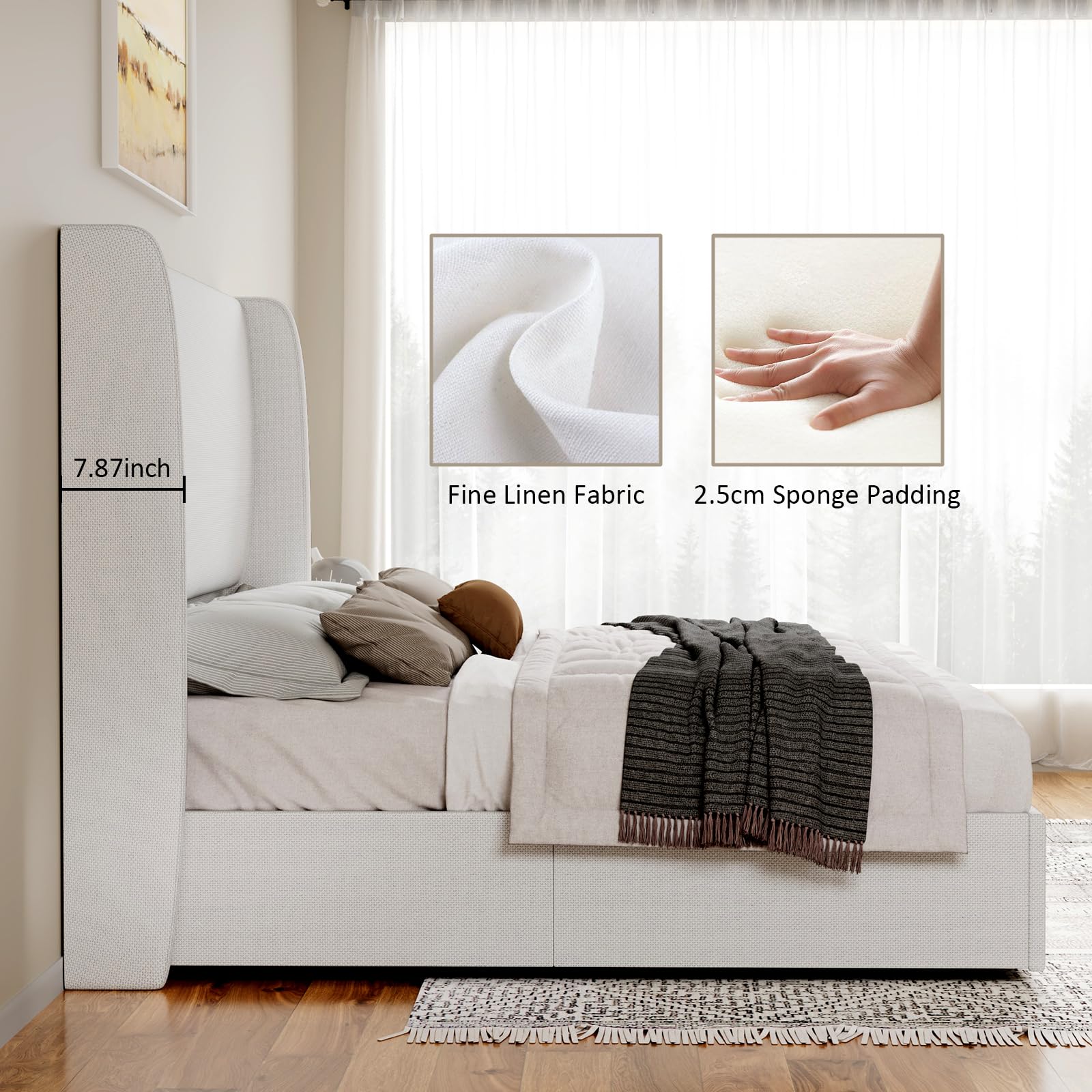 Jocisland King Size Bed Frame with Storage Upholstered Lift Storage Bed Linen Platform Bed with Wingback Headboard/Hydraulic Storage/No Box Spring Needed/Wood Slats Support/White