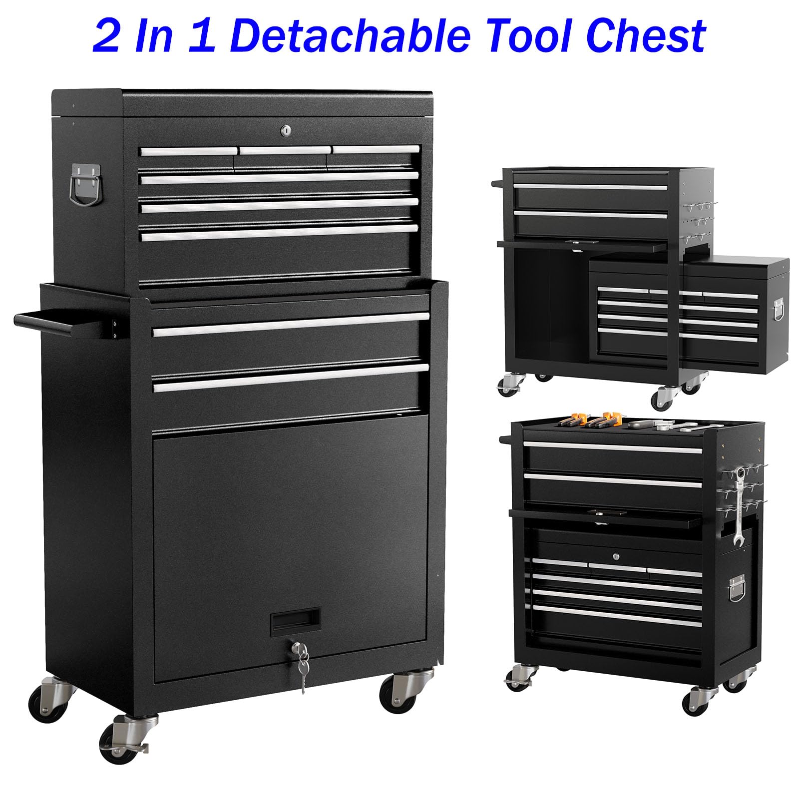 K KELBEL 8 Drawer Rolling Tool Chest with Wheels, 2-in-1 Detachable Tool Box Tool Cabinet with Drawers & Brake & Locking System for Garage, Warehouse (Black)