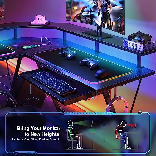 Rolanstar L Shaped Computer Desk with LED Lights and Power Outlets, 54" Gaming Desk with Keyboard Tray, Corner Desk with Monitor Stand, Home Office Desk with Hook, Black