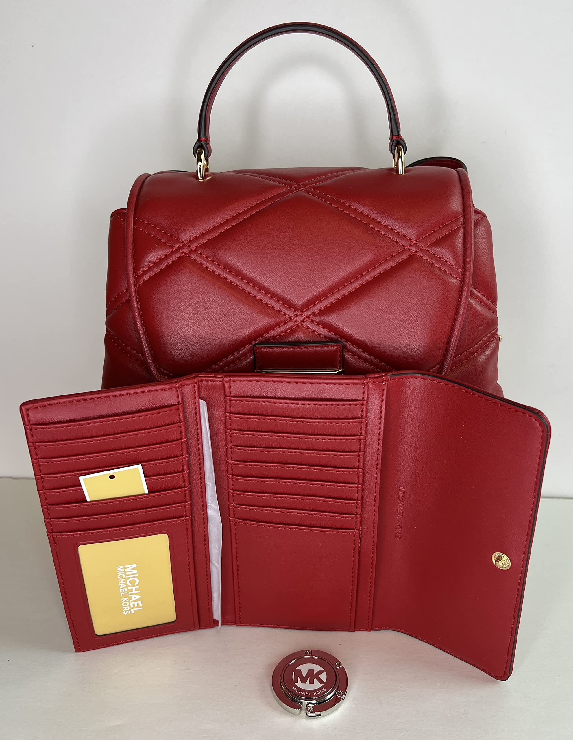 Michael Kors Serena MD Flap Backpack bundled with Trifold Wallet and Purse Hook (Chili)