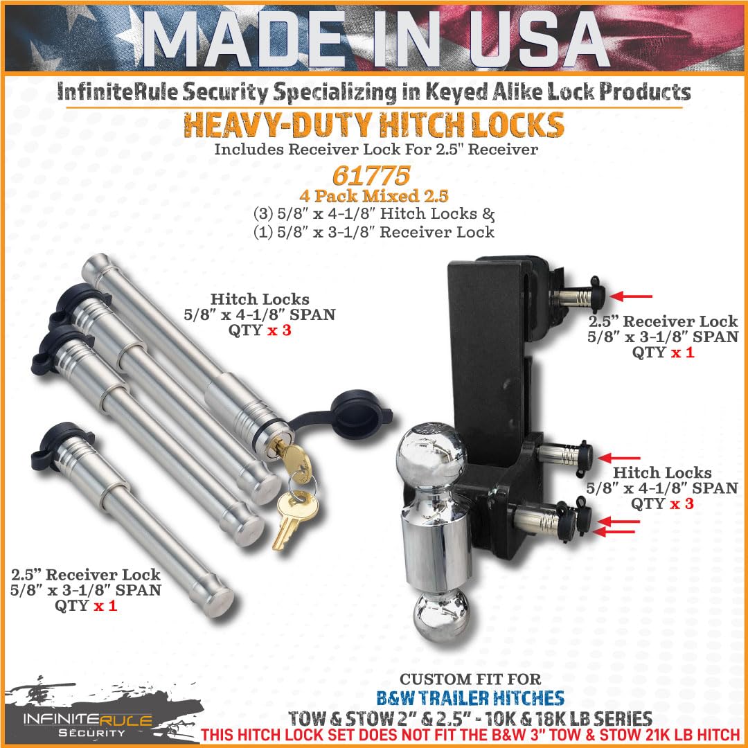 InfiniteRule Security 61775 | 4 Pack Mixed 2.5, Keyed Alike, Hitch Locks for B&W 2.0" & 2.5" Tow & Stow 10K LB & 18K LB - Includes Lock for 2.5" Receiver