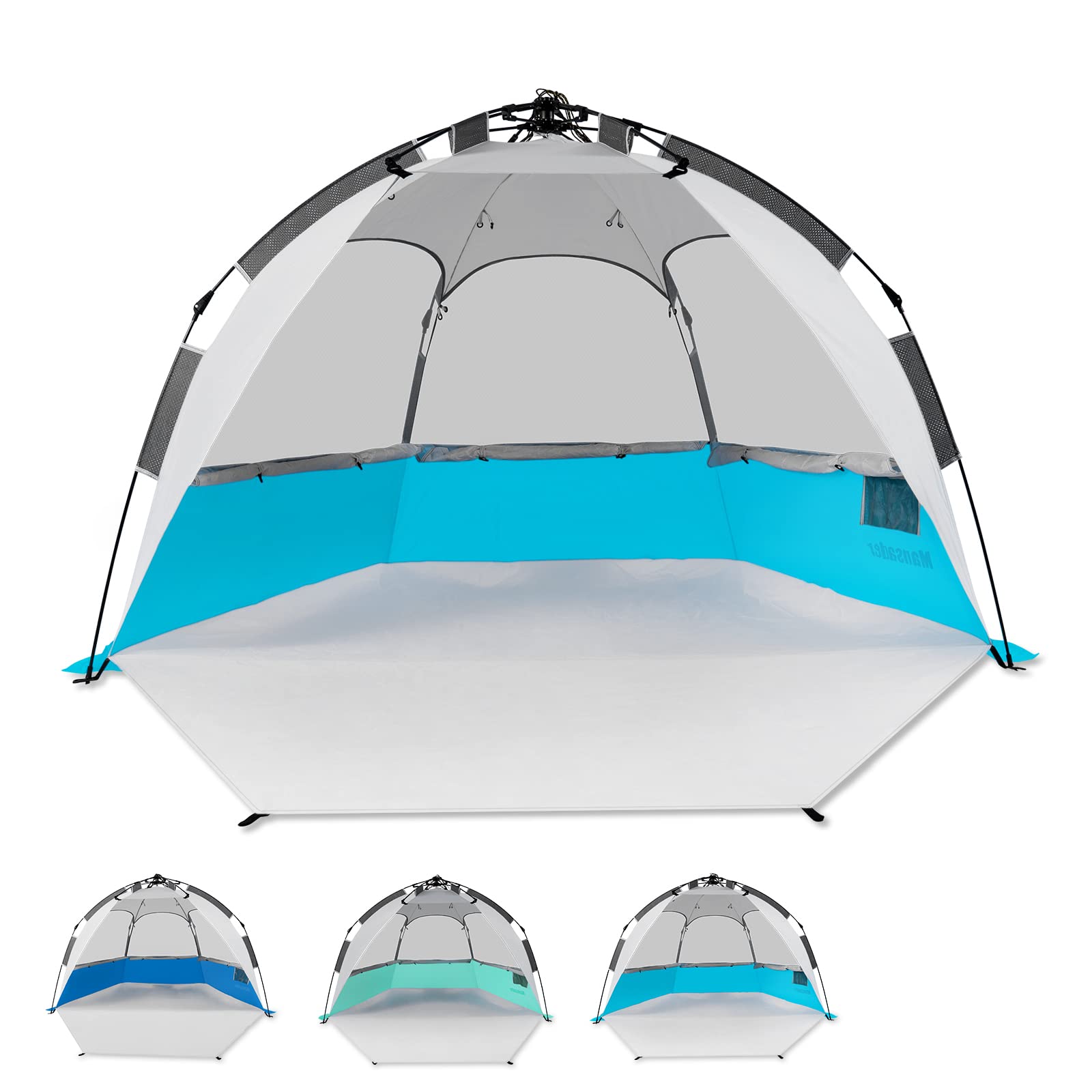 Mansader 2-3 Person Large Instant Pop Up Beach Tent, UV Protection Portable Easy Setup Sun Shade Shelter, Extended Floor with 3 Ventilating Mesh Windows for Outdoor Camping Fishing (Light Blue)