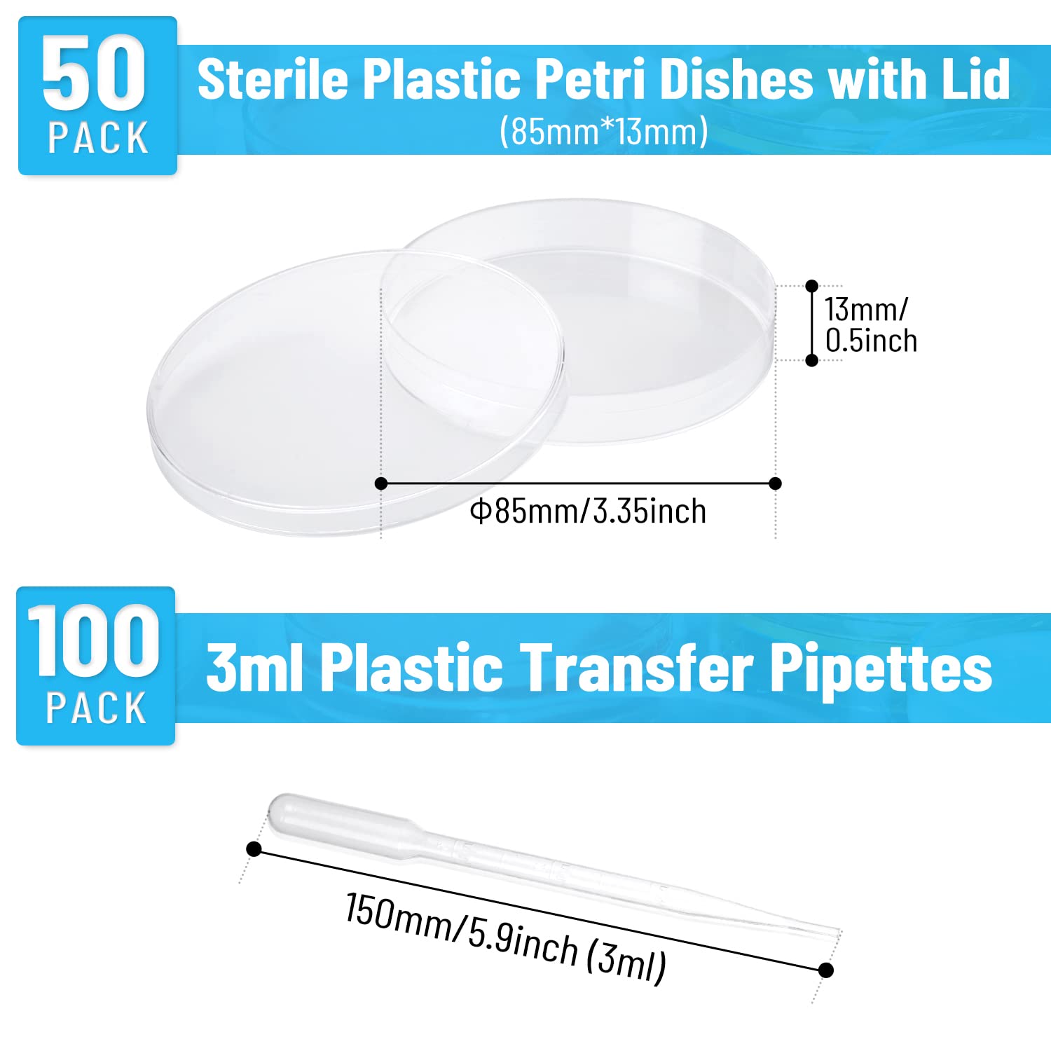 PRECIPETTE Petri Dish 50 Pack - Petri Dishes with Lids 85x13mm,100 Pack Plastic Transfer Pipettes 3ml, Lab Petri Dishes for Lab Analysis,School Science Projects,Plant&Seed Cultivation