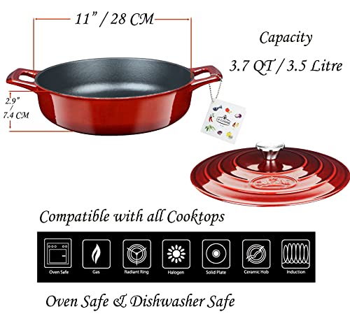 La Cuisine 3110MB Enameled Cast Iron Covered Braiser, Saute Pan Casserole Pan, 3.75 Quart (QT) - Matte Black Enamel Interior, Cranberry Porcelain Enamel Coating Finish Exterior