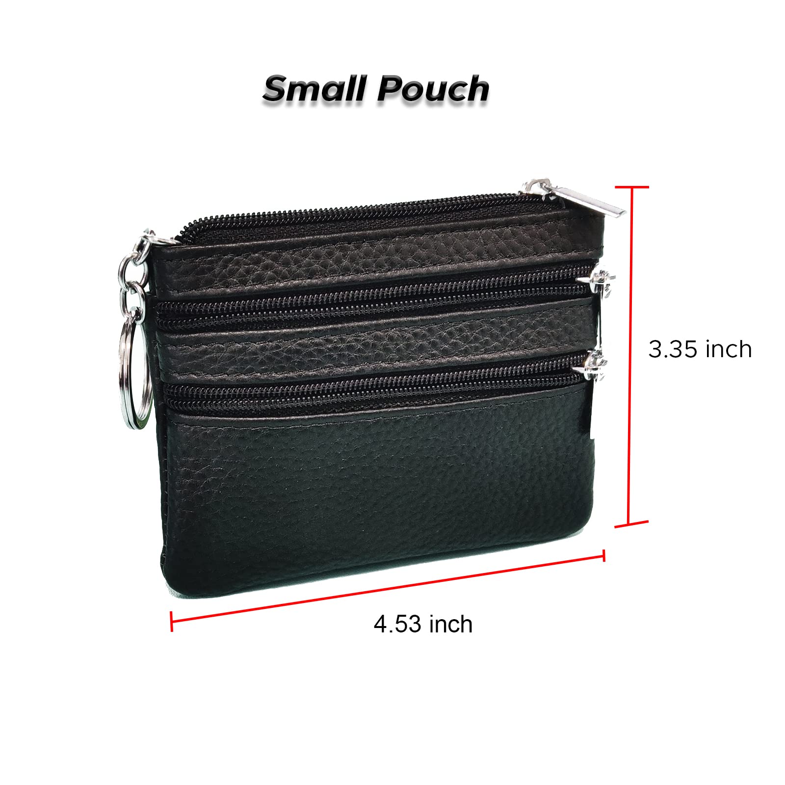 Naviurway Genuine Leather Coin Purse 3 Zipper Mini Pouch Change Wallet Key Fob Holder (Black)