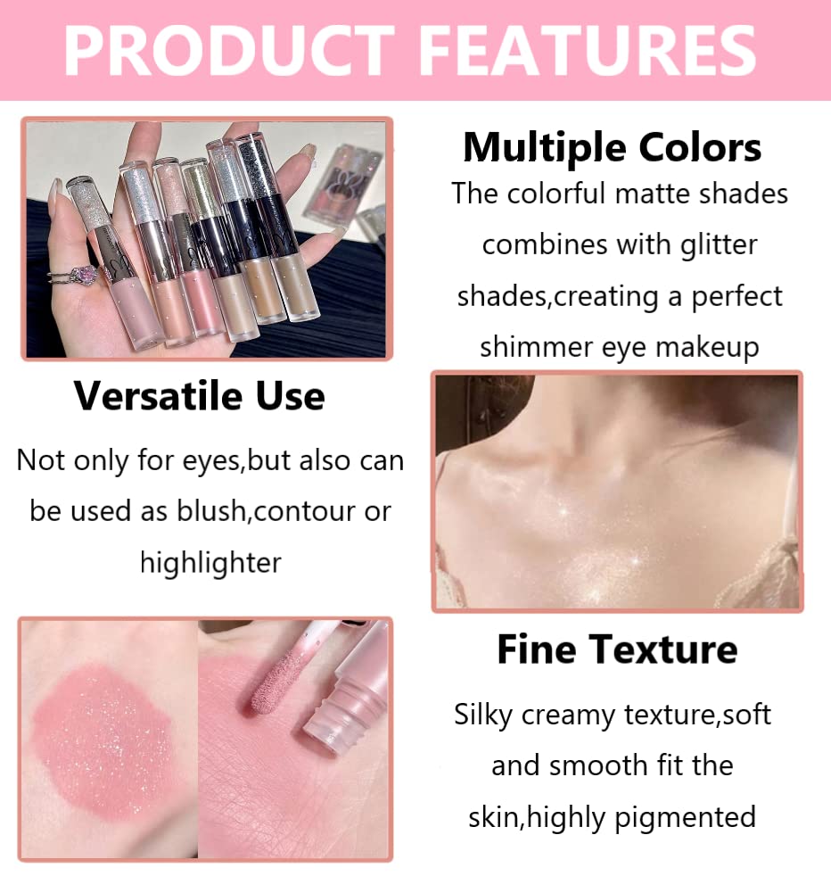 JEMPET Liquid Glitter Matte Eyeshadow Eye Makeup Set: 2-IN-1 Dual Ended Liquid Matte Cream Eyeshadow and Glitter Eyeliner For Glossy Shimmer Eye Makeup (pink series)