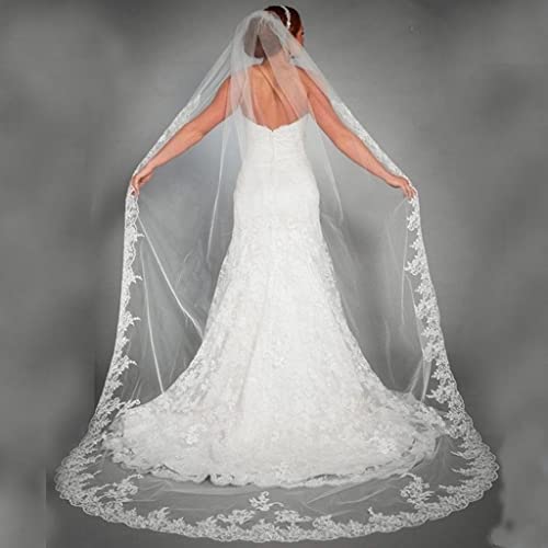 MXIAOXIA Wedding Accessories Appliques Tulle Long Cathedral Veils Lace Edge 3 Meters
