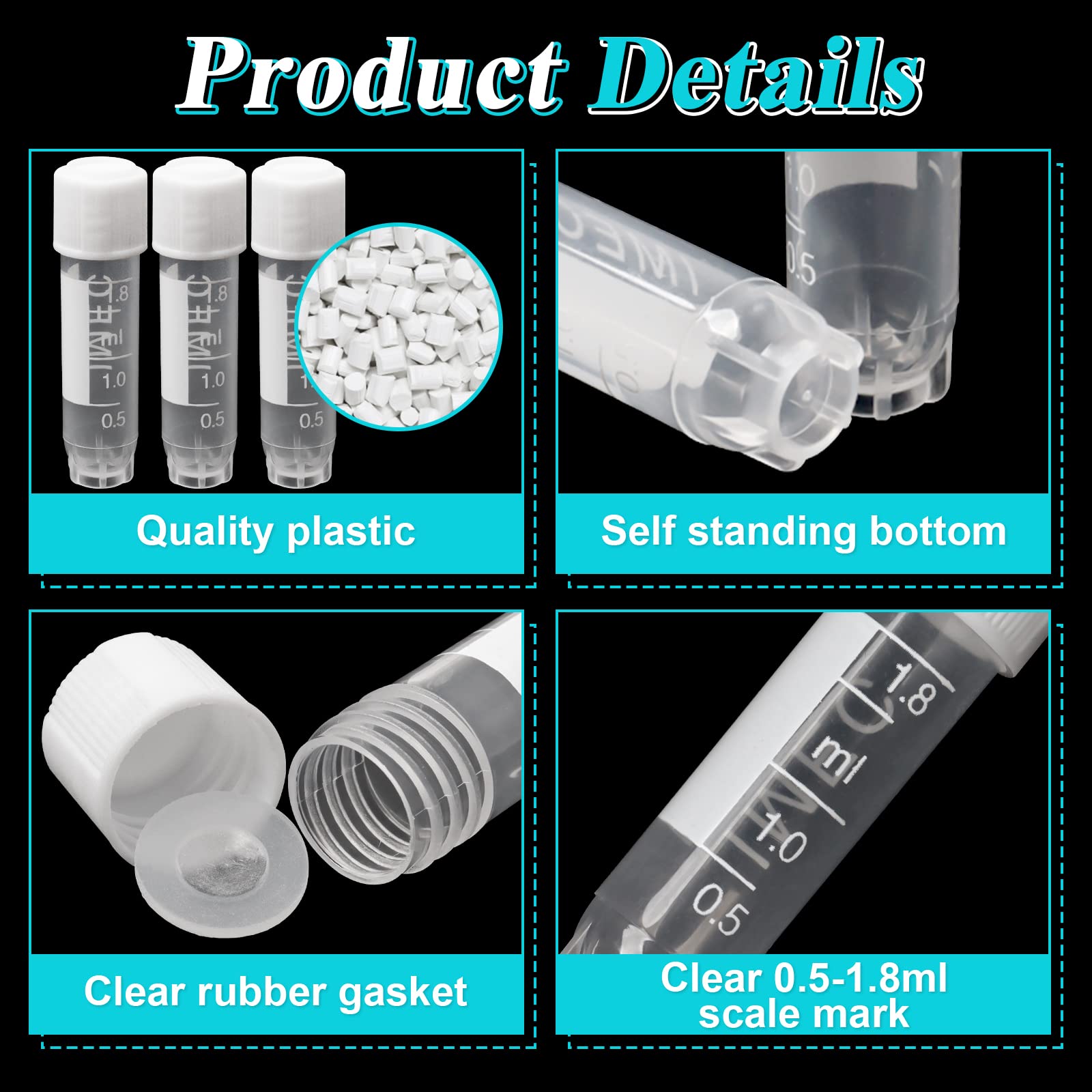 Qfeley 50 Pack 2ml Plastic Screw Vials Plastic Test Tubes with Caps Small Frozen Test Tubes Self Standing Vial Lab Tubes for Laboratory School Educational