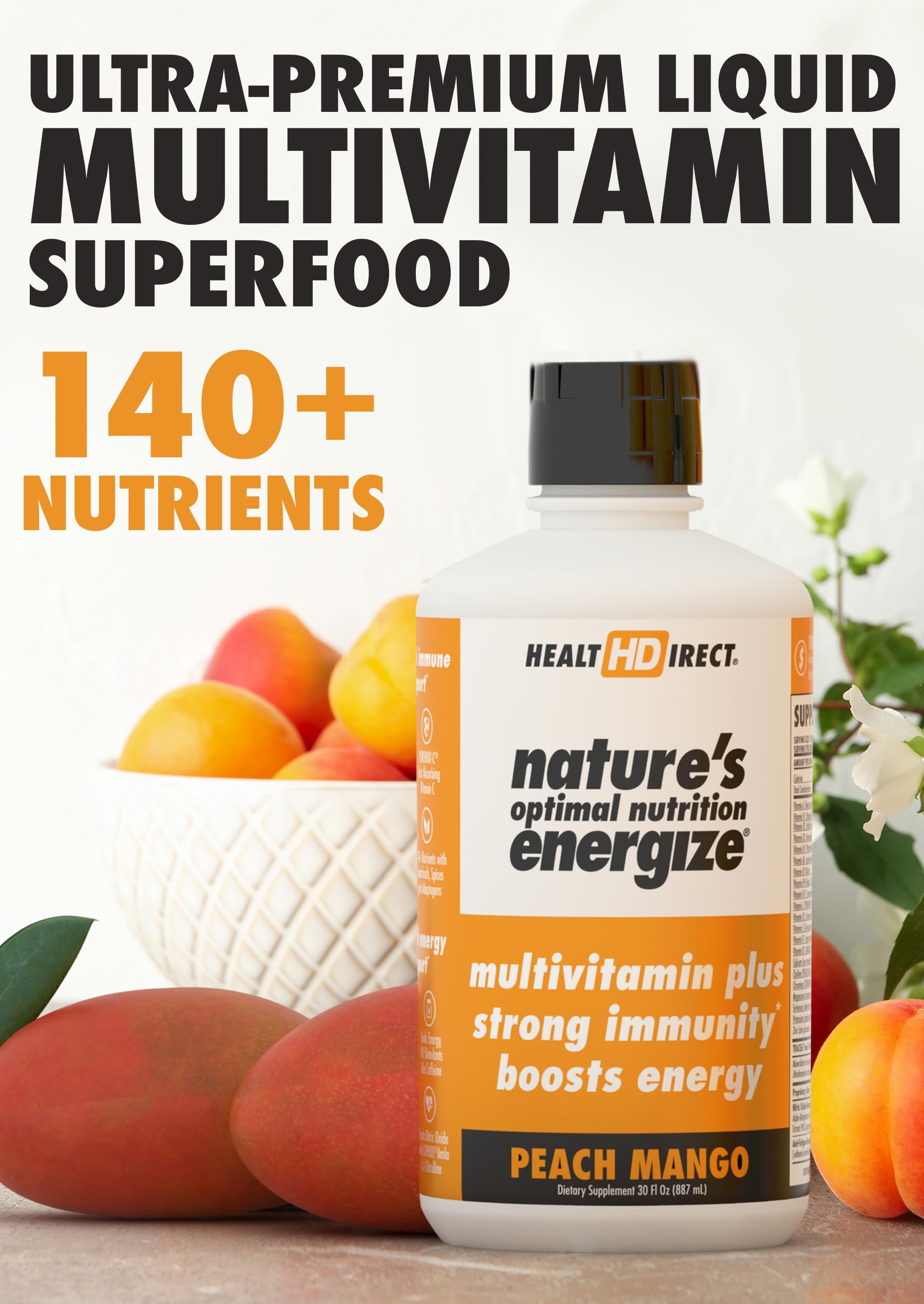HEALTH DIRECT - Nature's Optimal Nutrition Energize Liquid Multivitamin Superfood - 140+ Nutrients - Mental Clarity & Energy - Immune & Cardiovascular Support β 30 Servings β Peach Mango