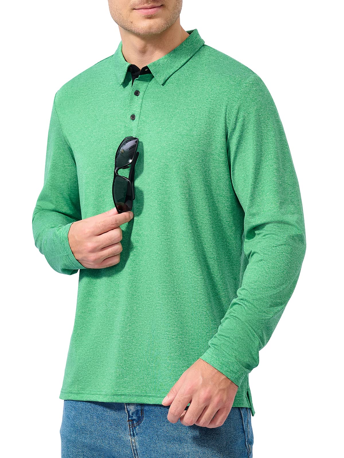 MARAMI Men's Golf Polo Shirt - Long Sleeve Tactical Shirts Quick Dry Performance Jersey Hiking Collared Shirt Green Size L