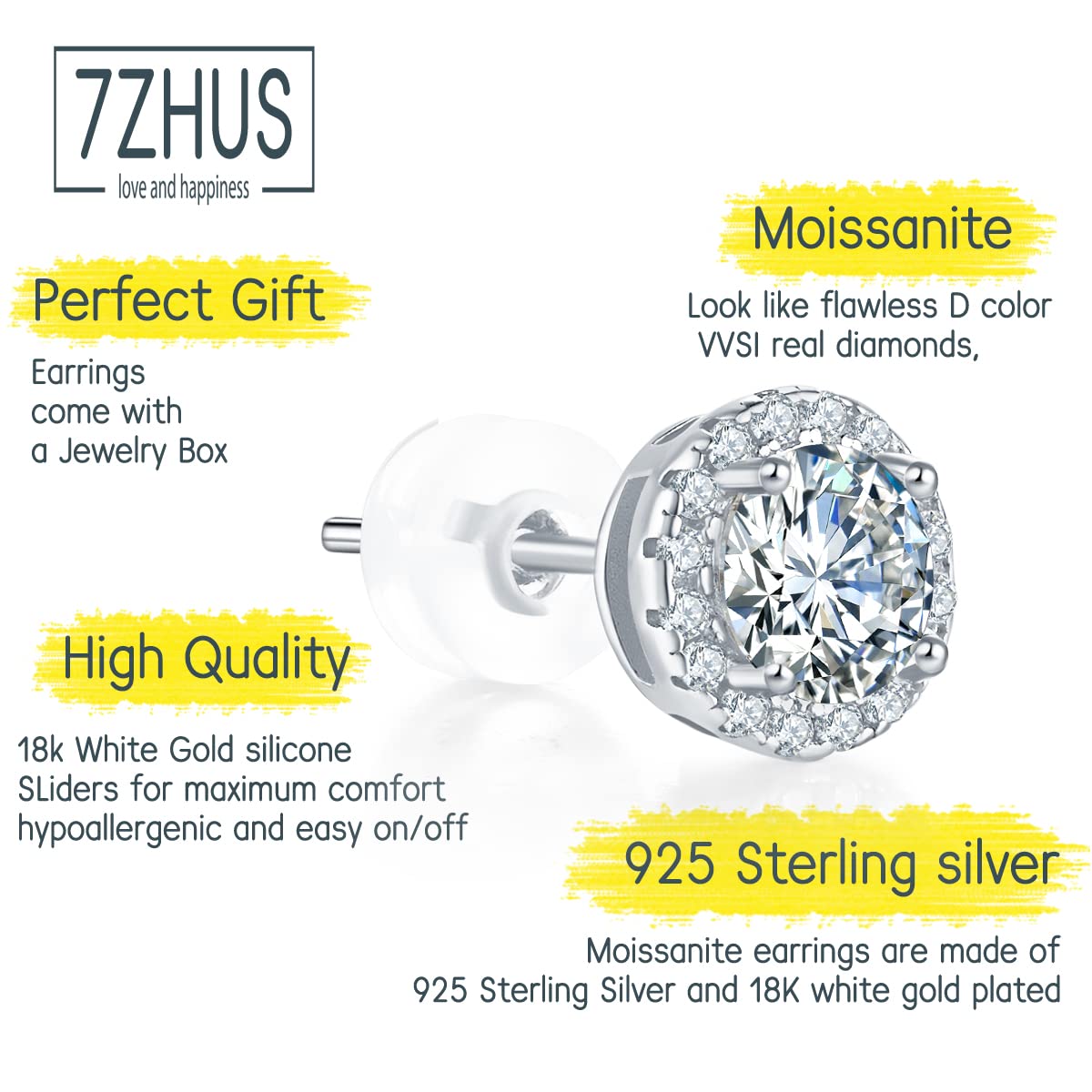 Moissanite Earrings for Women Men 18K White Gold Plated Round Cut Lab Created Diamond Halo Stud Earrings