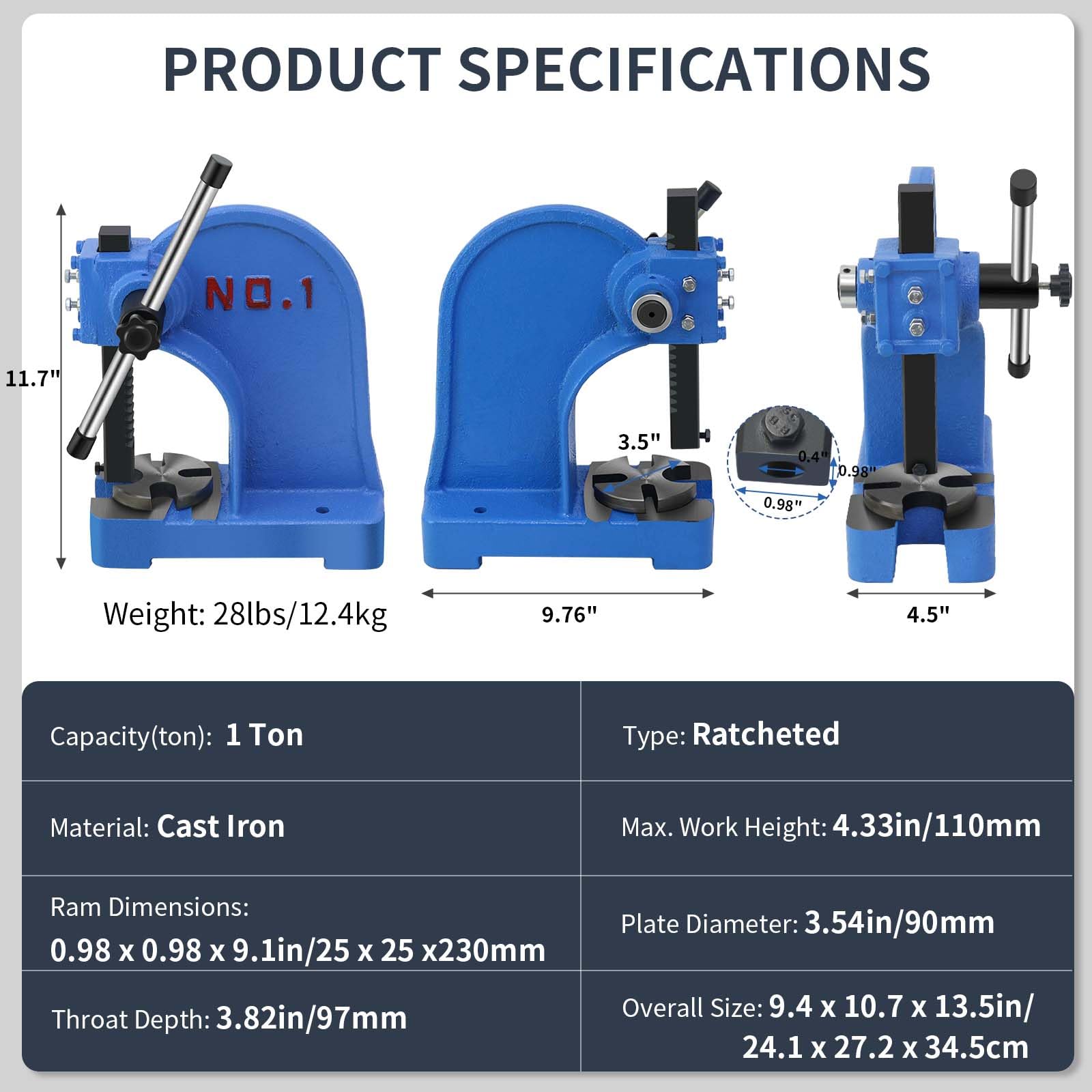 PNBO 1 Ton Manual Arbor Press,Heavy Duty Cast Iron Desktop Punch Press Machine, for Riveting Punching Holes