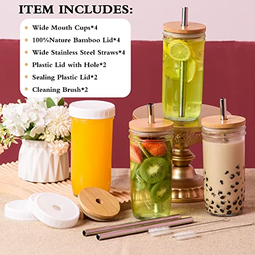 MOHARY [ 4 Pack ] Glass Cups Set - 24oz Mason Jar Drinking Glasses with Bamboo Lids & Straws & 2 Airtight Lids & 2 hole Lids - Cute Reusable Boba Bottle, Travel Tumbler for Tea, smoothie