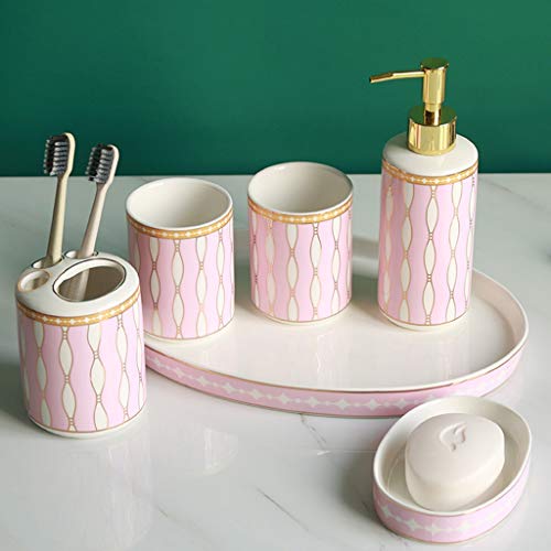 Liquid soap Box Ceramic Soap Dispenser Set Mug Toothbrush Holder Soap Dish and Practical Tray 6 Sets of Creative Fashion Wedding Housewarming Soap Bottle (Color : Blue) (Pink B)
