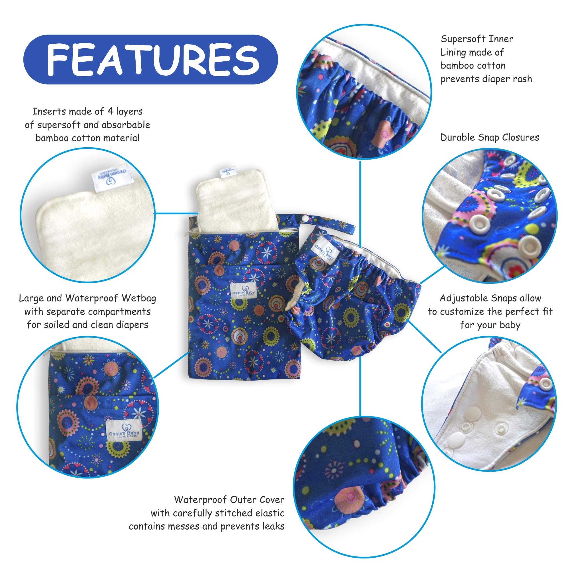 Ossum Baby Premium Cloth Diapers (New) - 6 Diaper Covers + 6 Bamboo Cotton Inserts (Super Soft & Absorbent) + Wetbag (B01), 0-24 Month, BG1