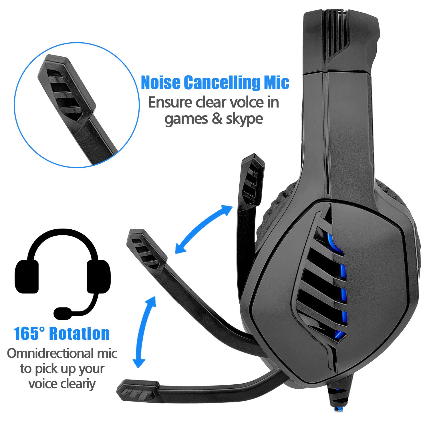 J1 Stereo Gaming Headset with 7.1 Surround Sound, for PS4/PS5/PC/Xbox One/Controller LED Light Bass Surround Noise Cancelling Over Ear Headphones Mic (Blue)