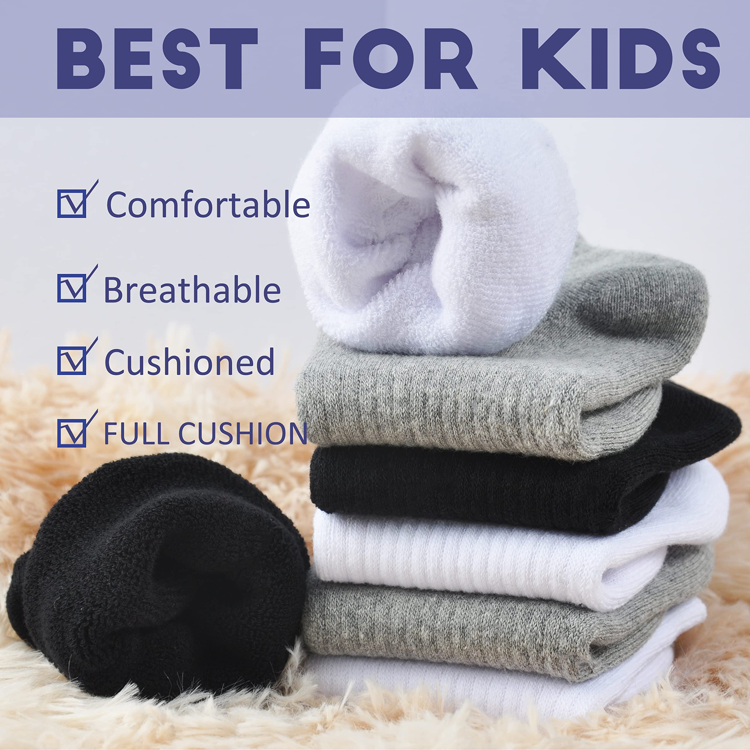 Marchare Boys White Crew Socks Kids Athletic Socks With Cushioned Thick Cotton Socks White and Grey 6 Pack 5-7 Years