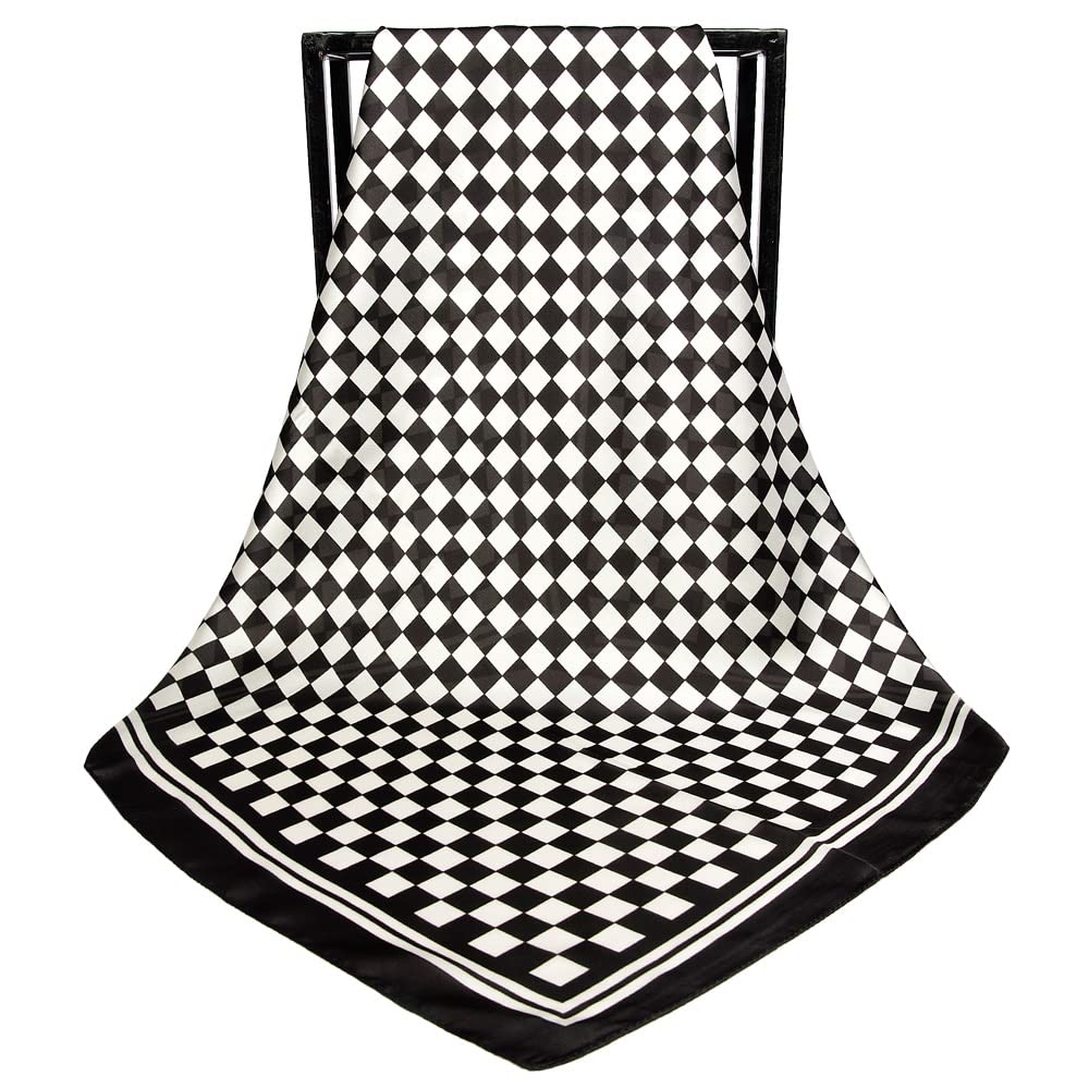 NaSoPerfect 27 inch Silk Feeling Scarf Square Satin Head Scarf Fashion Checkerboard Print Neck Scarfs for Women Black and White