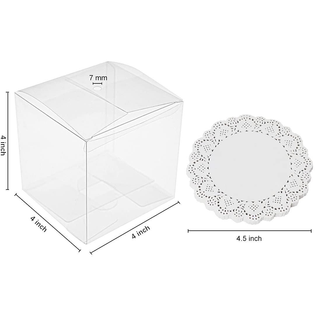 JOERSH 4x4x4 Inches Candy Apple Boxes with Hole and Paper Doilies Base 30 SETS Clear Caramel Apples Boxes for Treats | Food in Safe PET Plastic Box Fits Standard and Large Apple