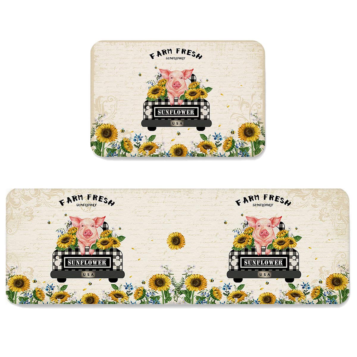 LooPoP Bright Yellow Sunflower Kitchen Mats for Floor Cushioned Anti Fatigue 2 Piece Set Kitchen Runner Rugs Non Skid Washable Farmhouse Pig and Truck 15.7x23.6+15.7x47.2